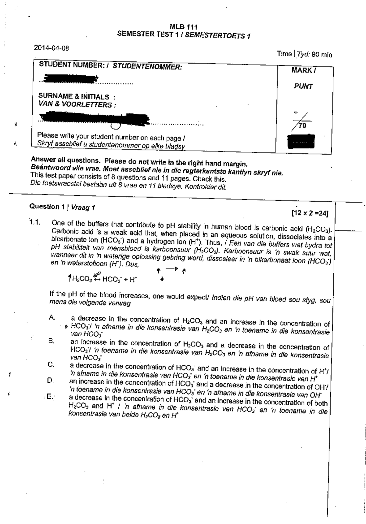 Semester test 1 question papers for MLB - MLB 111 - Studocu
