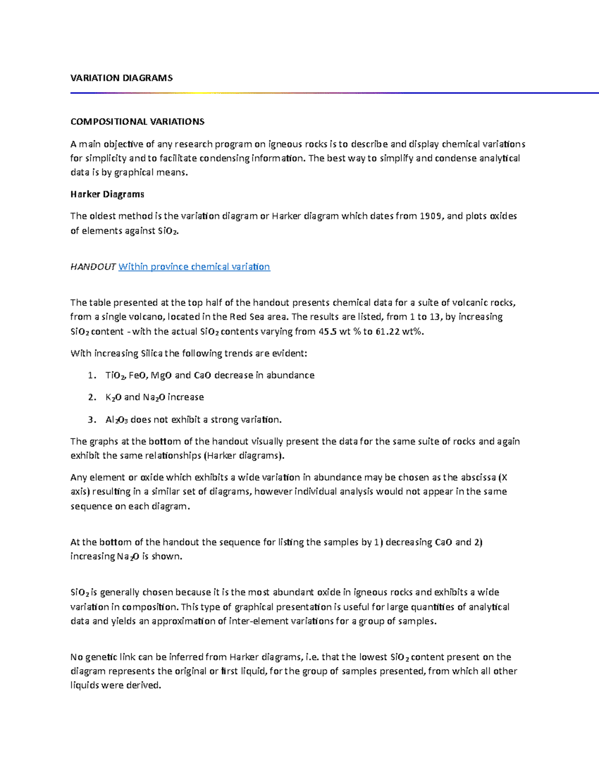 Harker variation diagram - VARIATION DIAGRAMS COMPOSITIONAL VARIATIONS ...