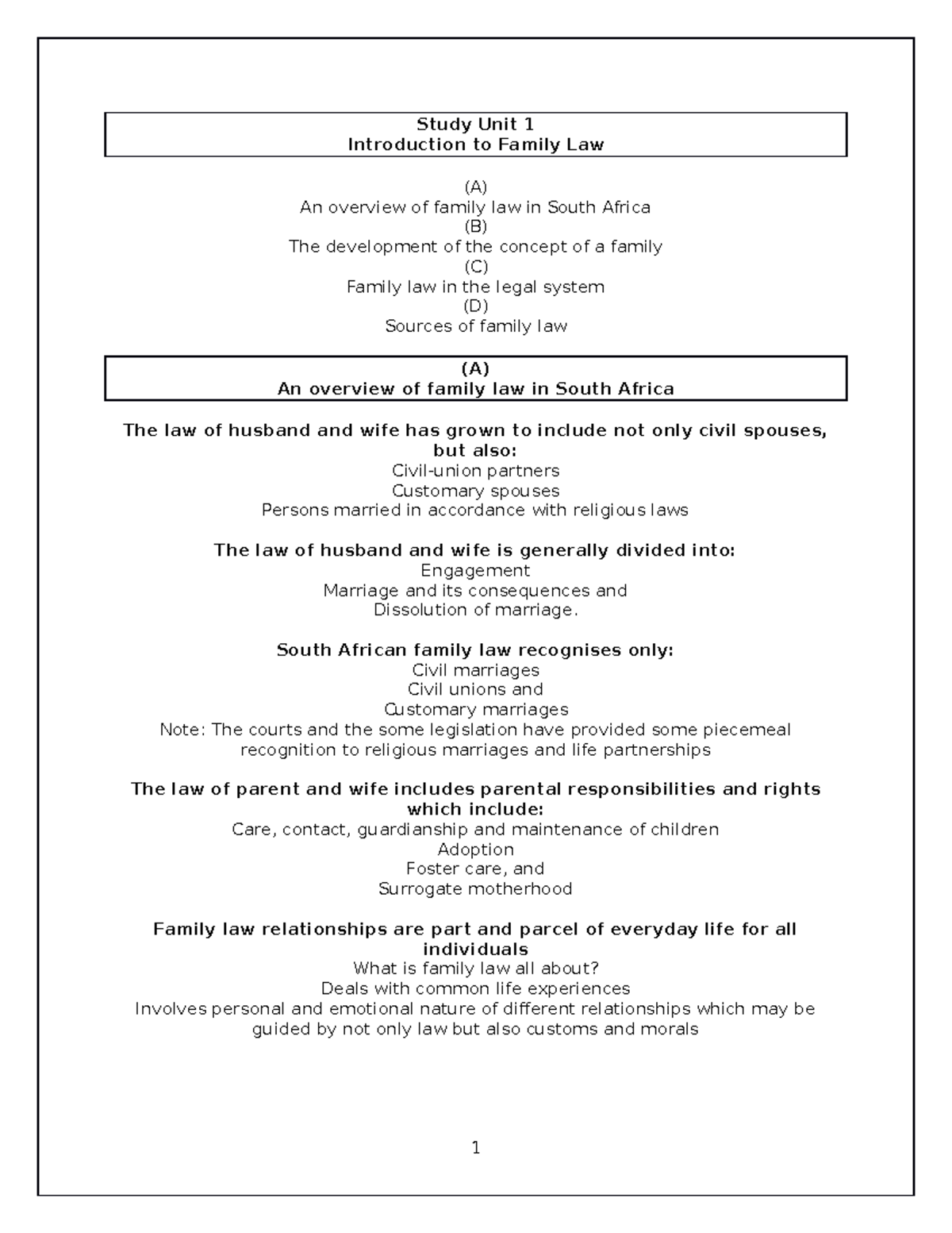 FAM121 UNIT 1 - Family Law lecture Notes - Study Unit 1 Introduction to ...