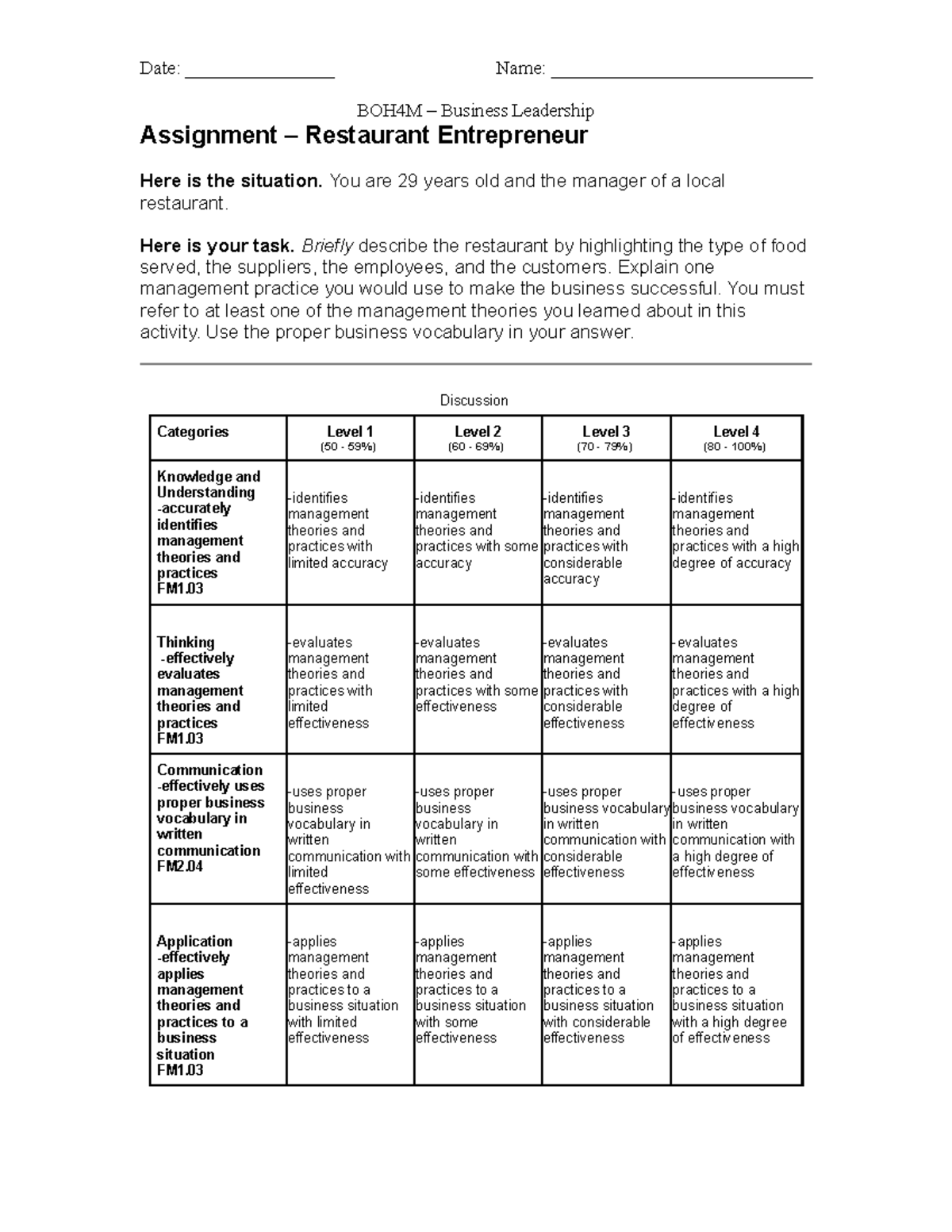 Restaurant mgmt assignment - Date: ________________ Name ...