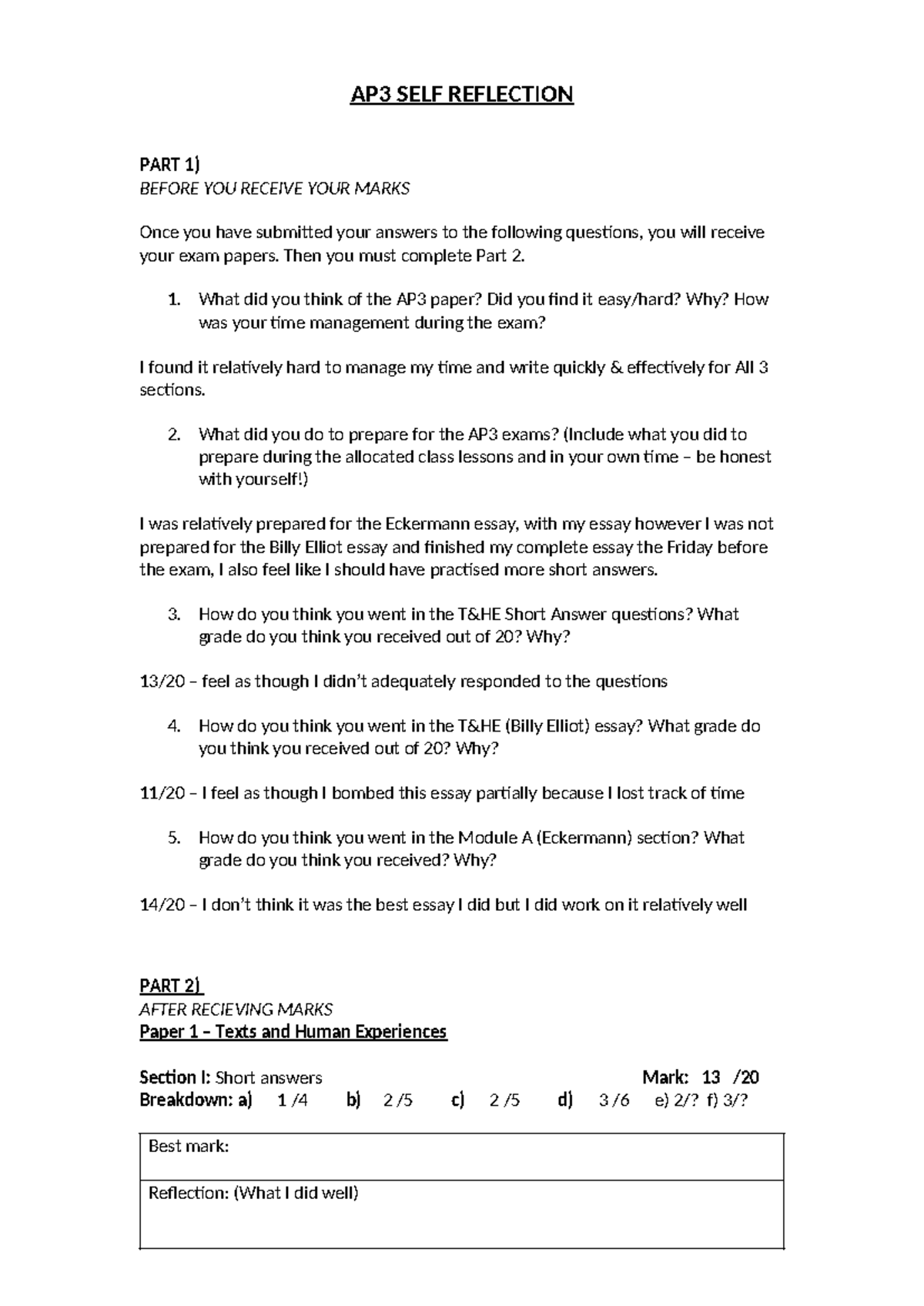 AP3 SELF Reflection - AP3 SELF REFLECTION PART 1) BEFORE YOU RECEIVE ...
