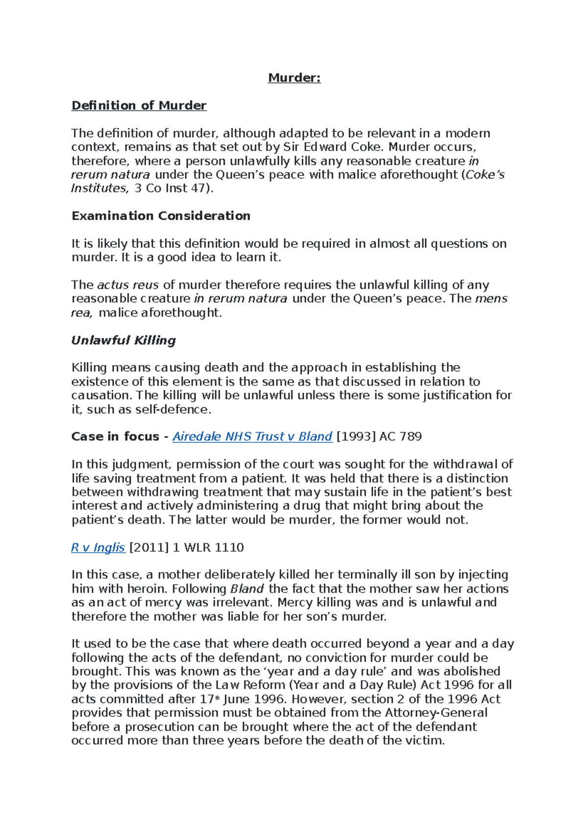 Murder - Lecture notes TP1 - Murder: Definition of Murder The ...