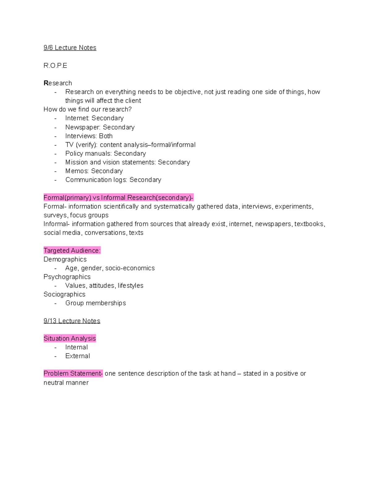 Principles of PR 9 6-9 13 - 9/6 Lecture Notes R.O.P Research - Research ...