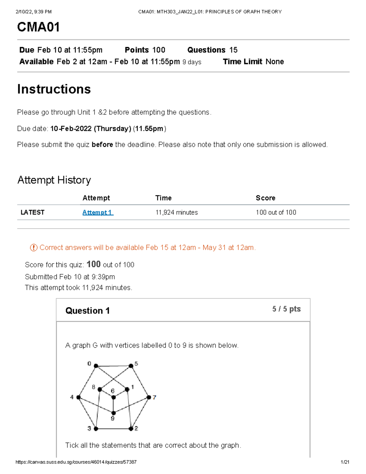 CMA01 MTH303 JAN22 L01 Principles OF Graph Theory - CMA Due Feb 10 at ...