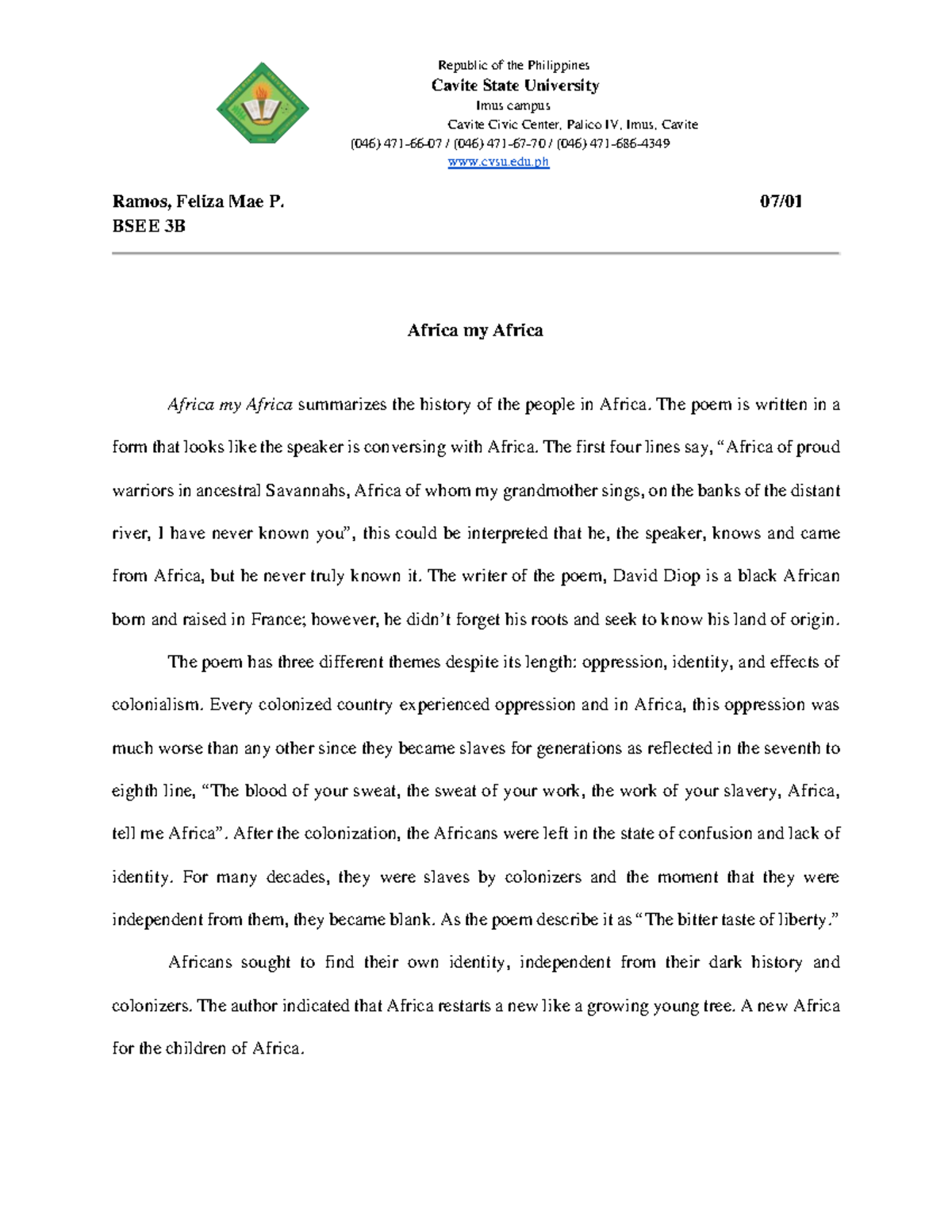 Africa my Africa - Republic of the Philippines Cavite State University ...