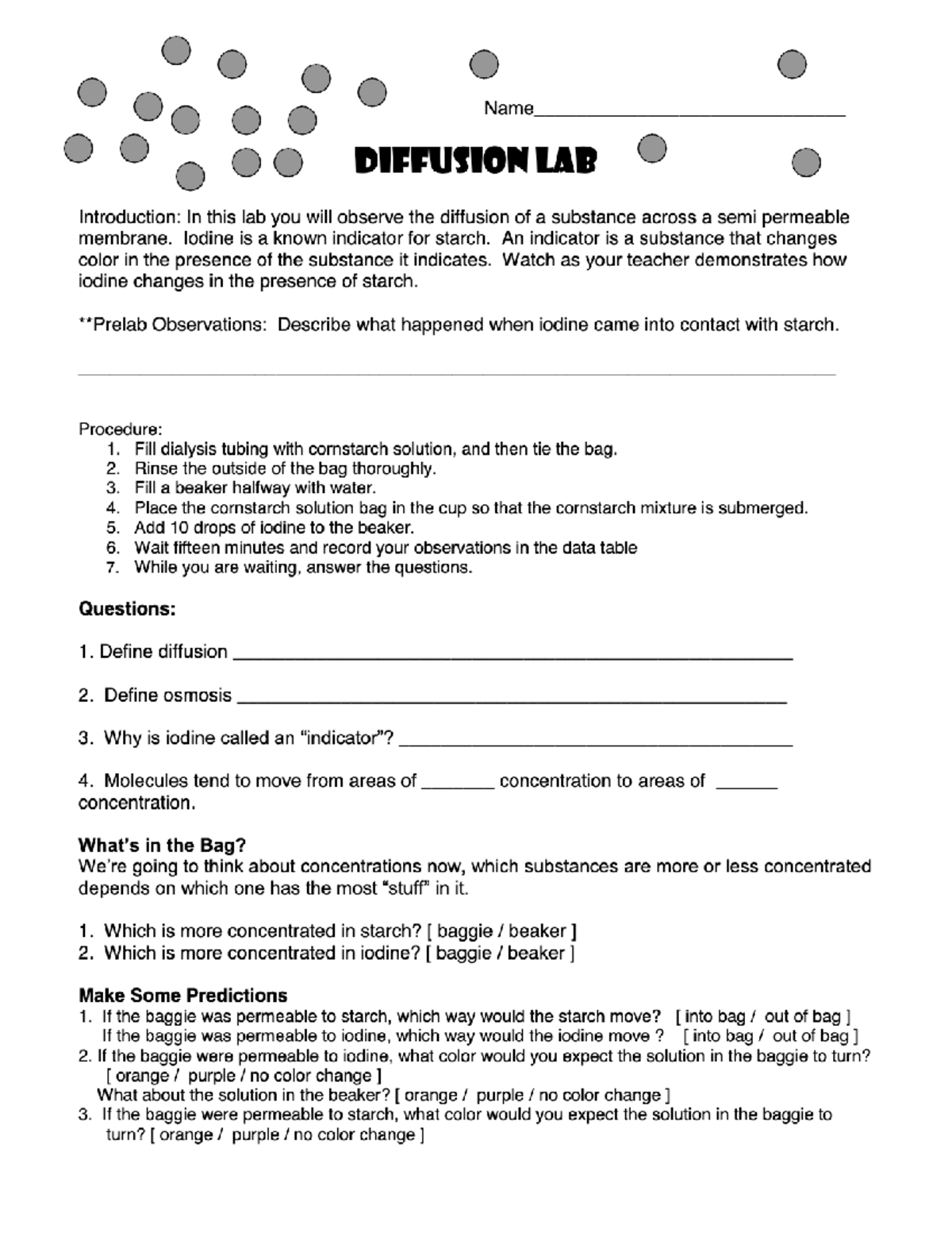 Diffusion lab - starch solution - Name DIFFUSION LAB Introduction: In ...