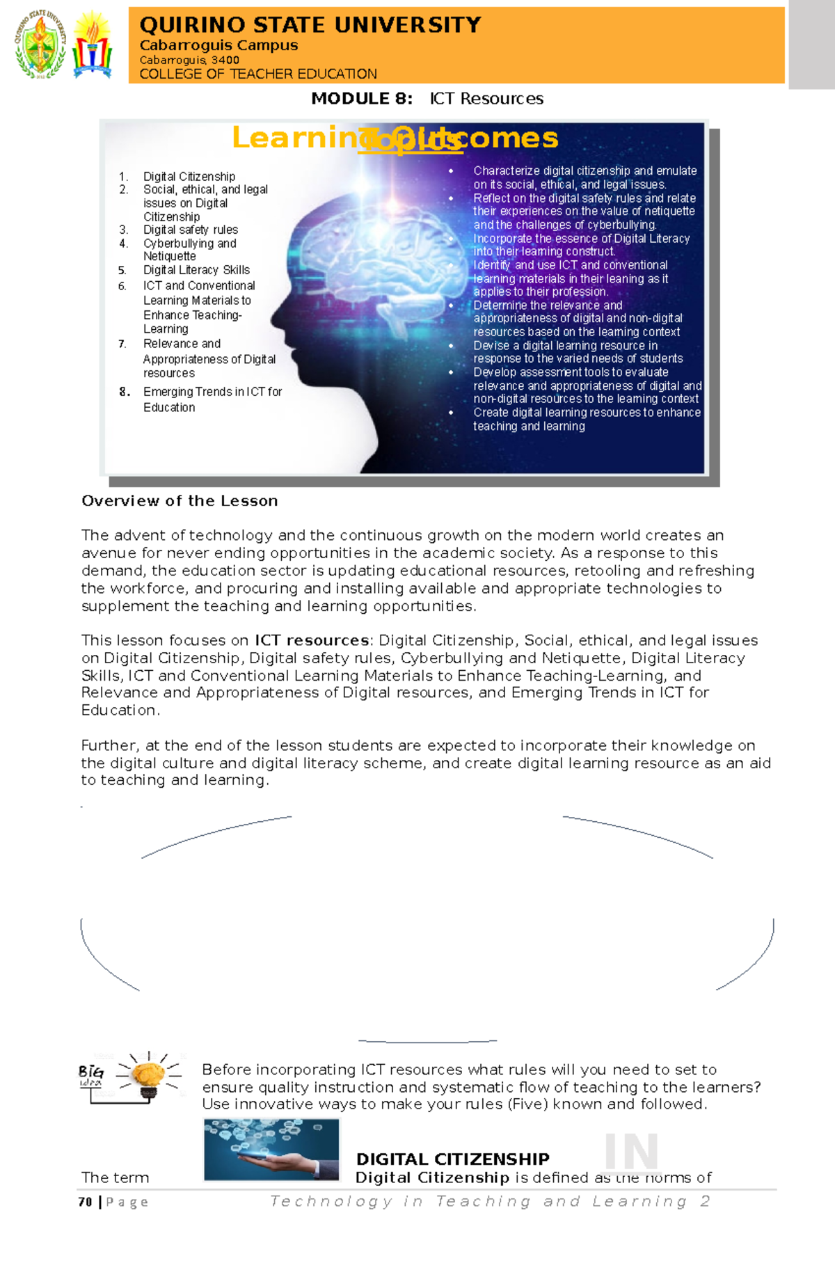 M8 - module - MODULE 8: ICT Resources Overview of the Lesson The advent ...