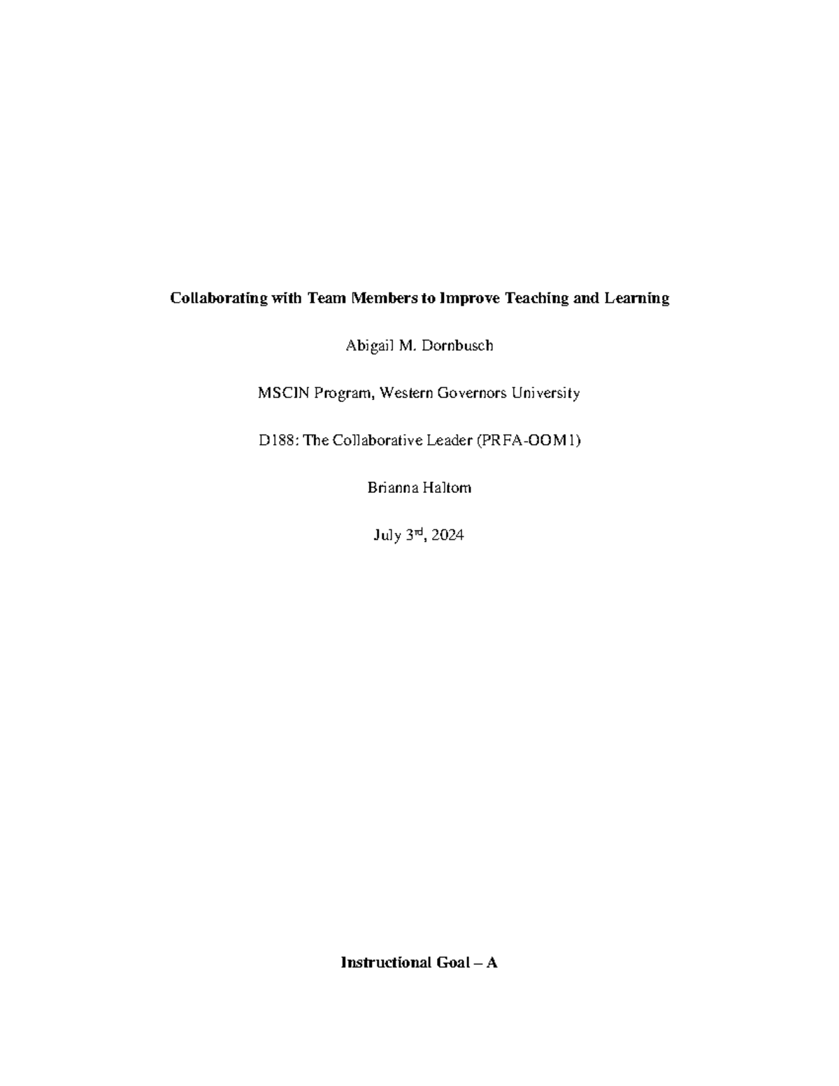 D188 Task 1 - Passed. - Collaborating with Team Members to Improve ...