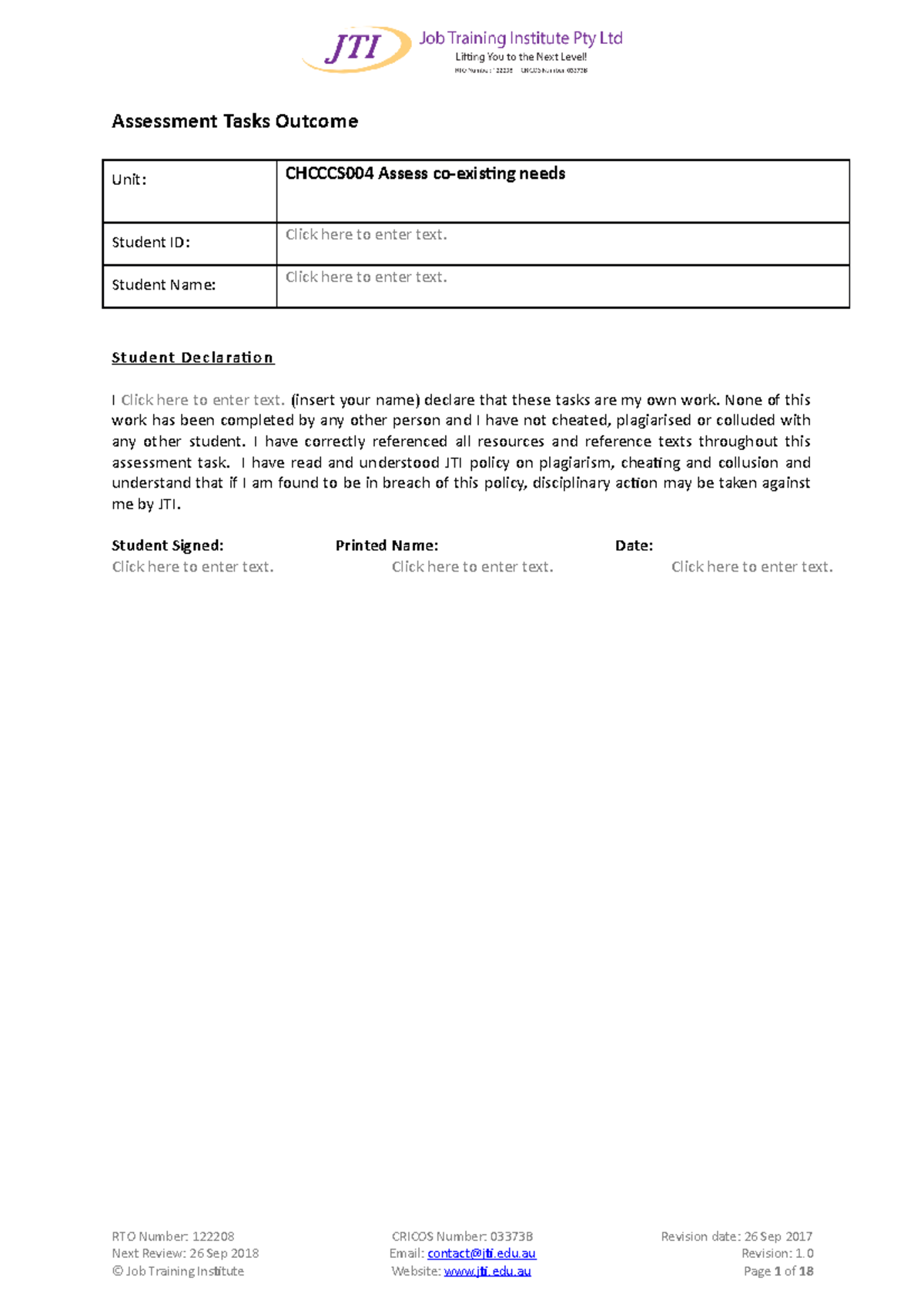 Chcccs 004 - it an assessment - Assessment Tasks Outcome Unit ...