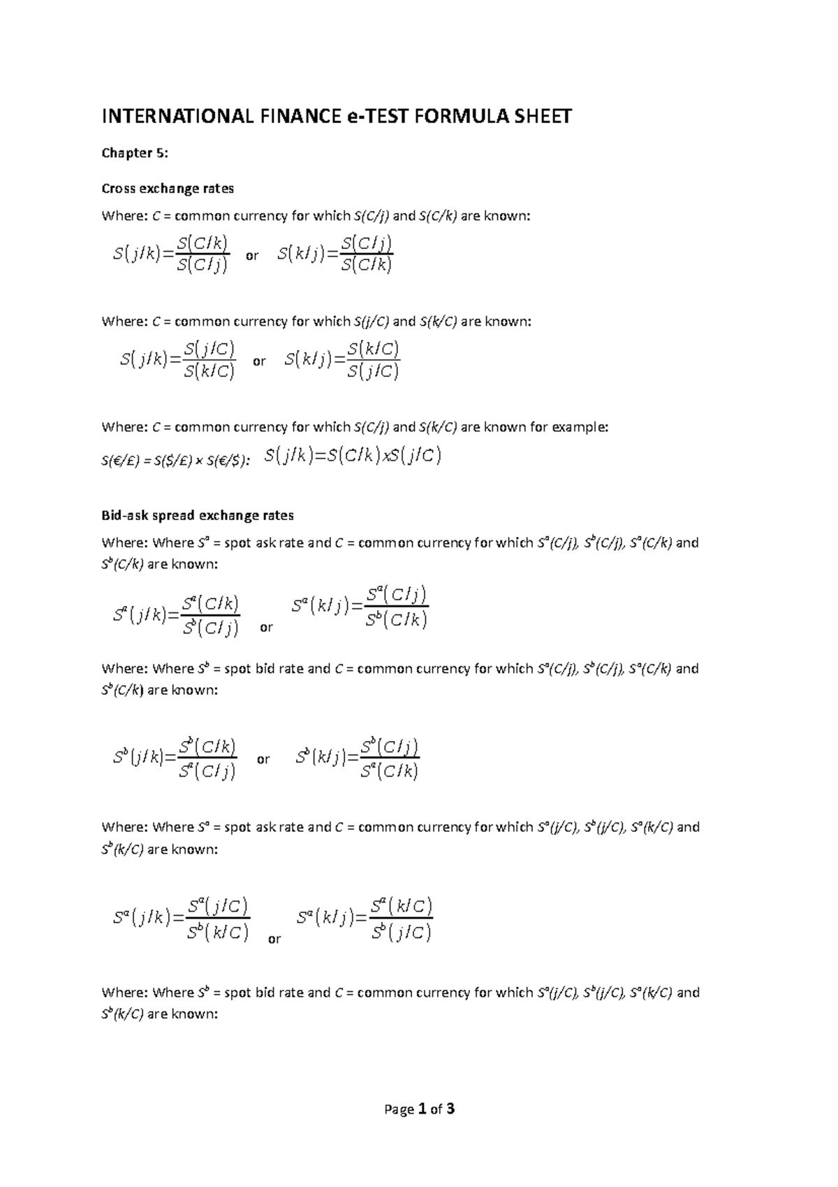 Formula Sheet 20 - INTERNATIONAL FINANCE e-TEST FORMULA SHEET Chapter 5 ...