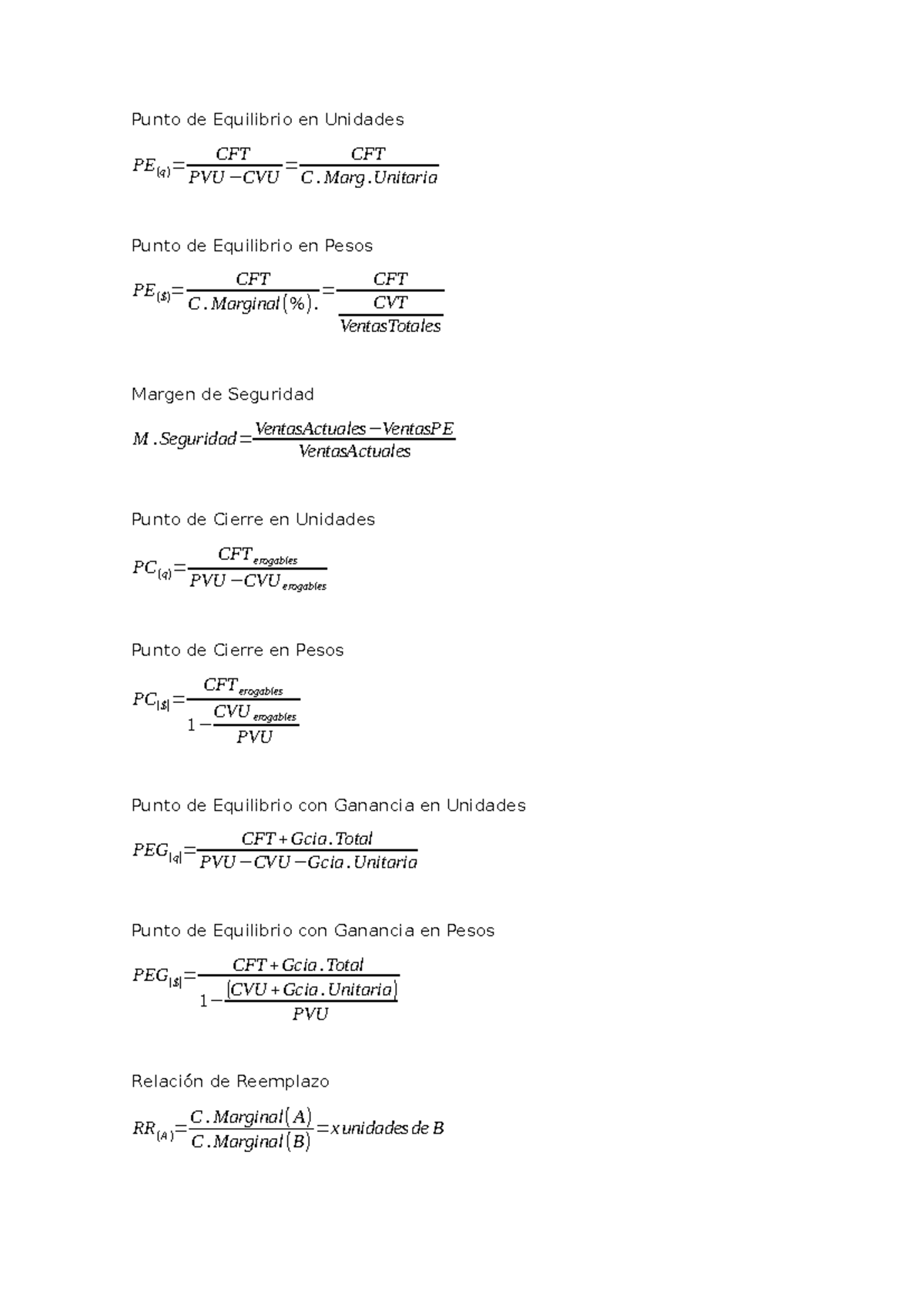 Formulas Costos - Punto de Equilibrio en Unidades PE(q )= CFT PVU −CVU = CFT C. Marg .Unitaria ...