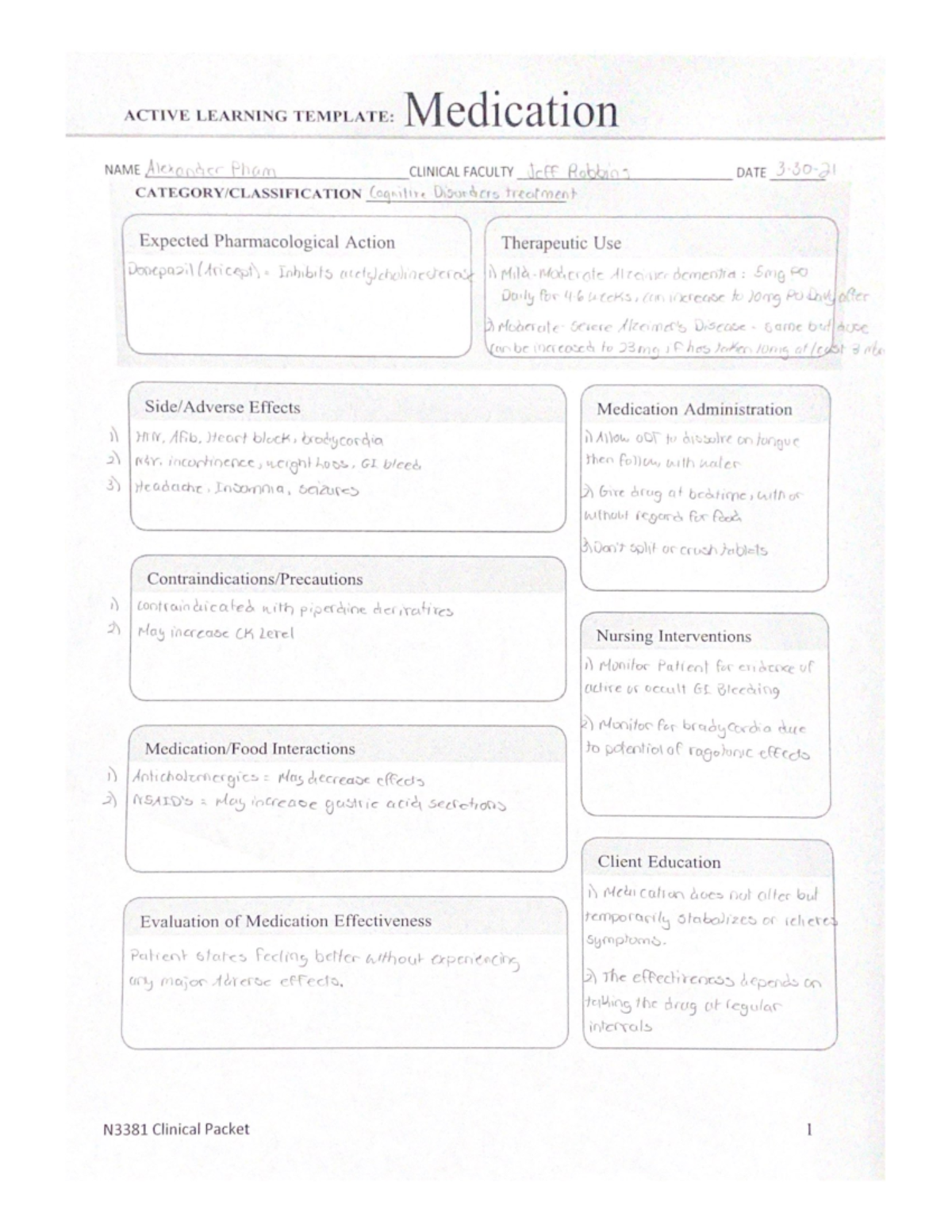 Cognitive Disorders Treatment Neuro Med Sheet - NURS 3481 - Studocu