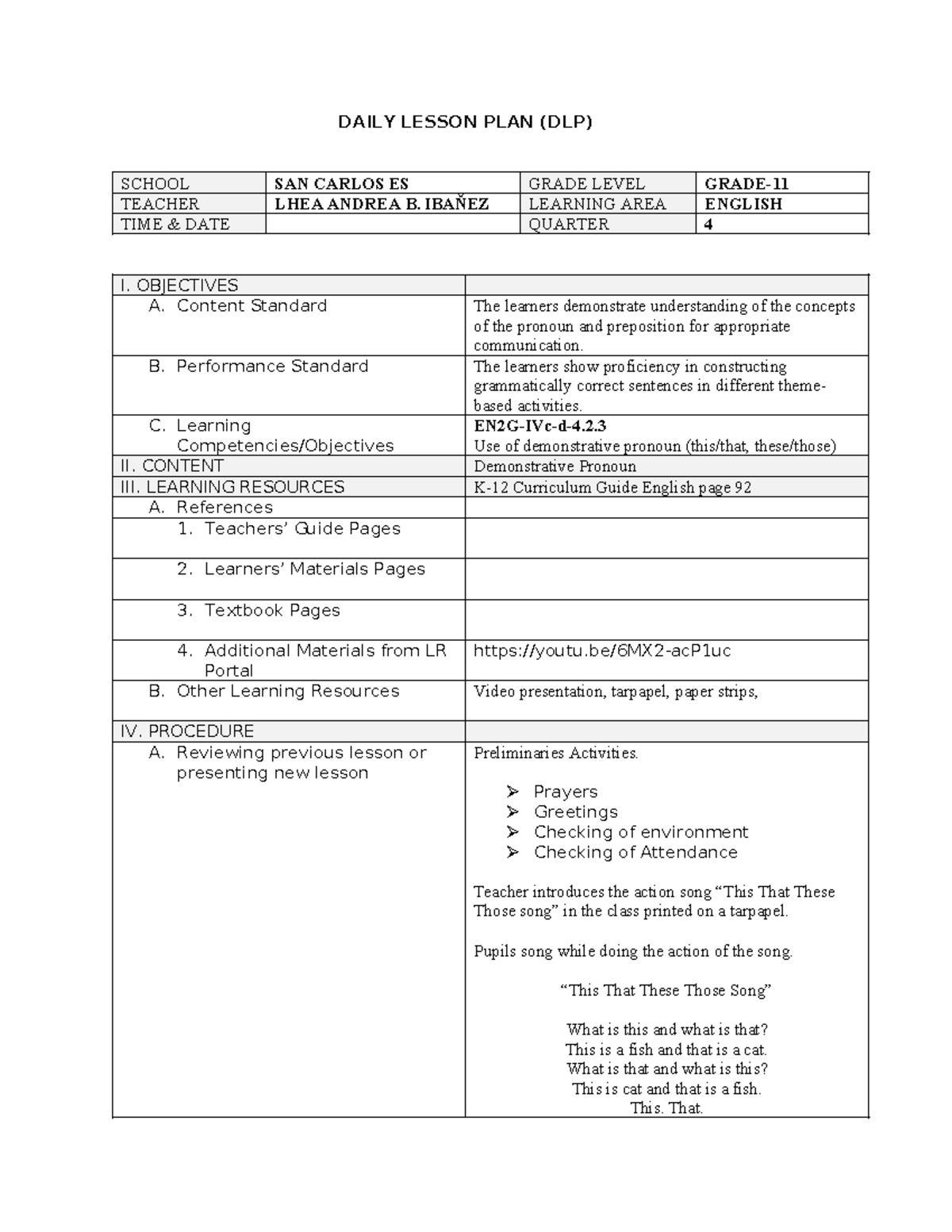 Dlp for demo teach - DLP - DAILY LESSON PLAN (DLP) SCHOOL SAN CARLOS ES ...