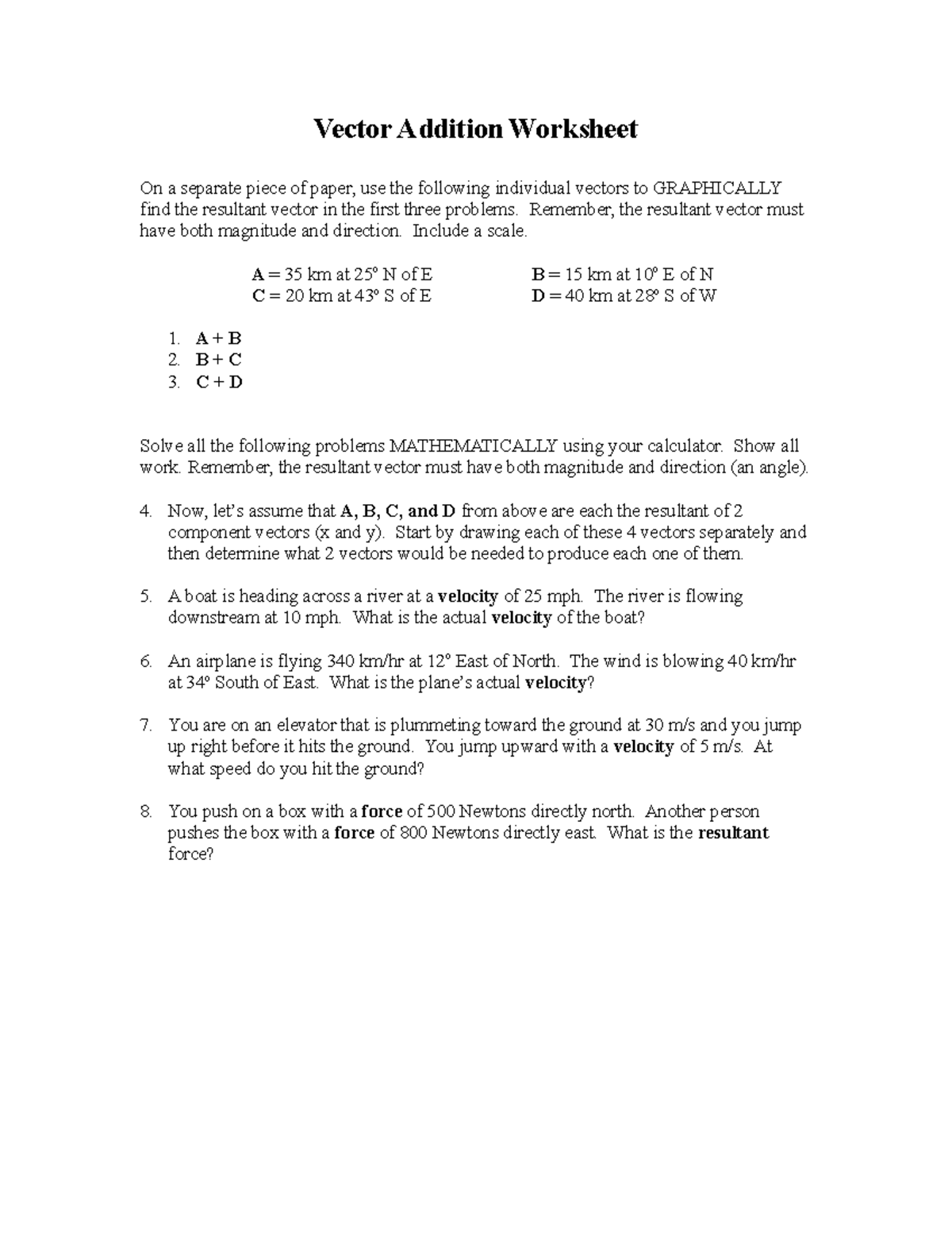 2019 ENG Vector Addition Worksheet - Vector Addition Worksheet On a ...