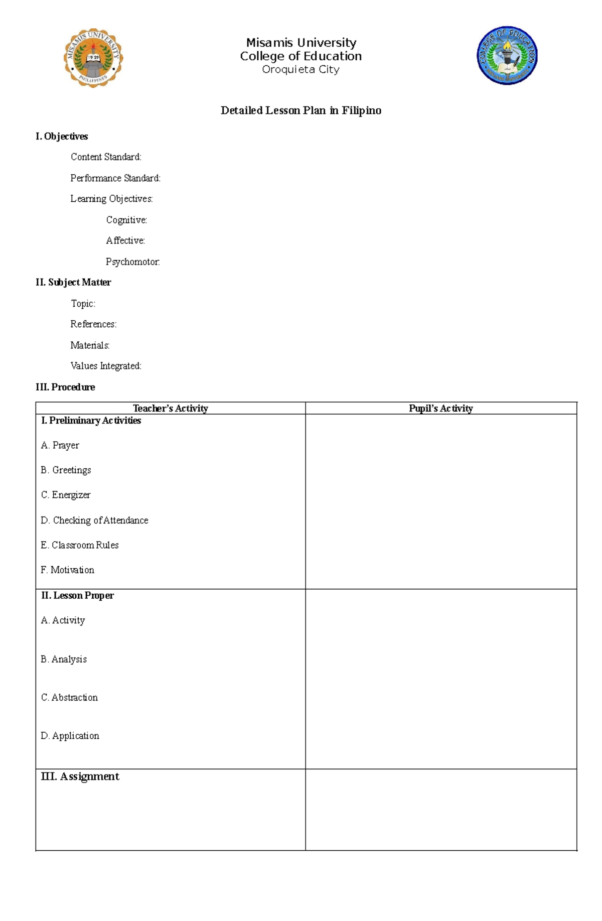 4As Lesson Plan format - Misamis University College of Education ...