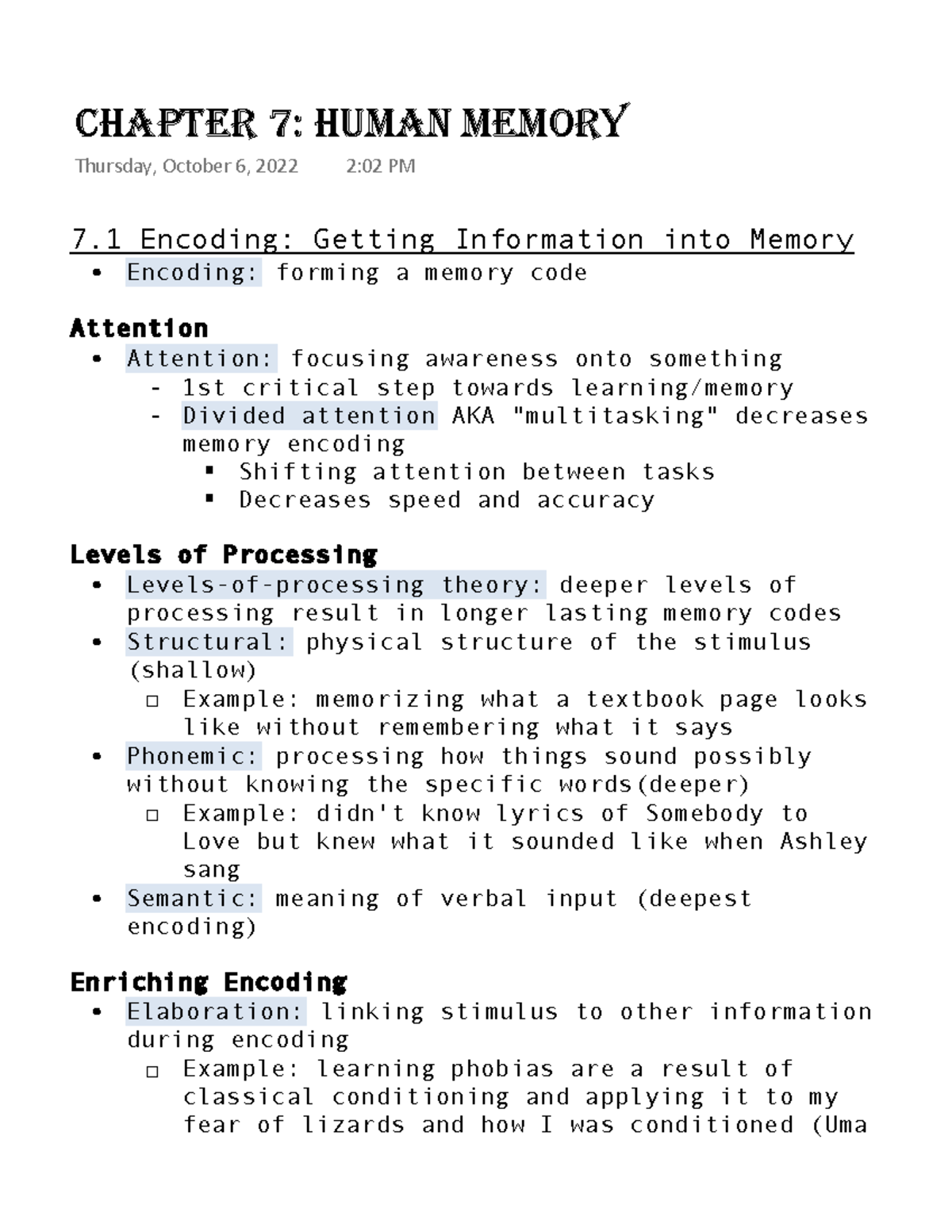 Chapter 7 Psyc 101 Notes 7 Encoding Getting Information Into Memory Encoding Forming A
