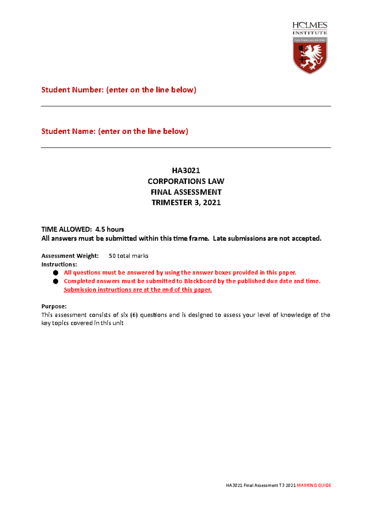 HA3021 Final Assessment T3 2021 - Marking Guide - Student Number ...