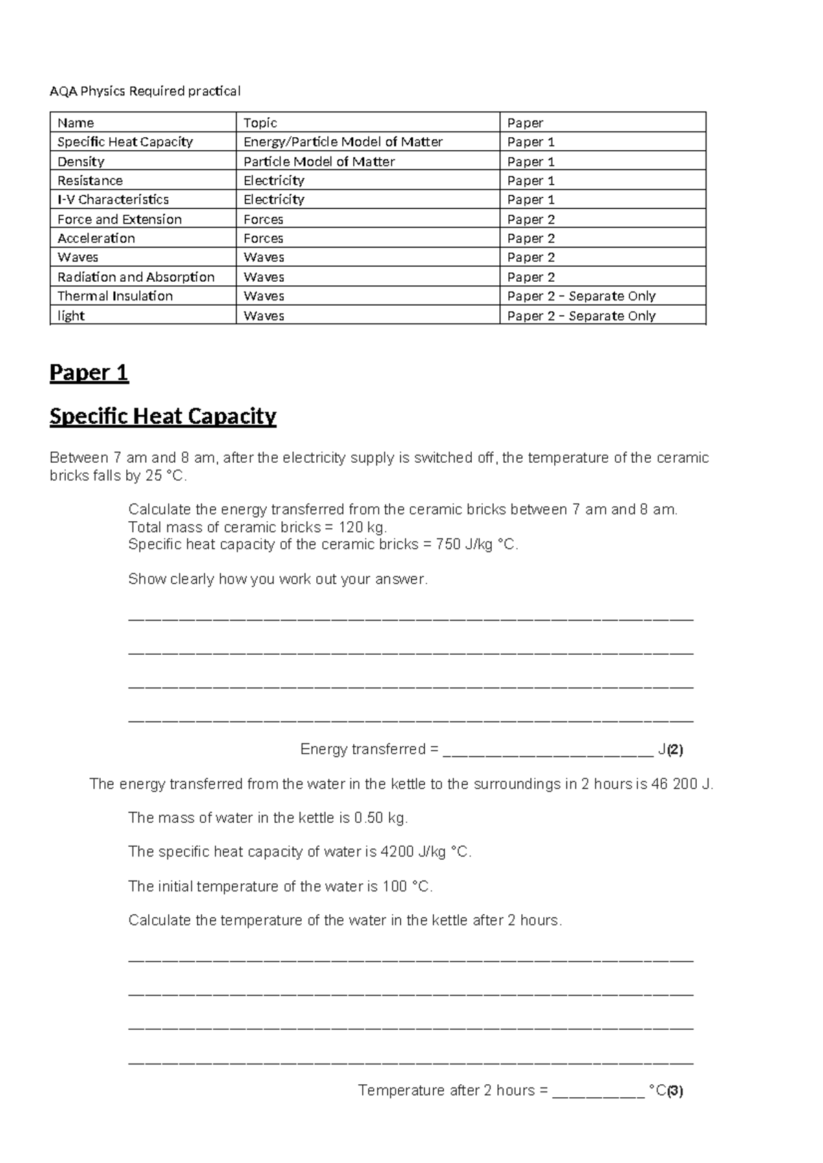 Physics Required Practical Questions - AQA Physics Required practical Name Topic Paper Specific ...