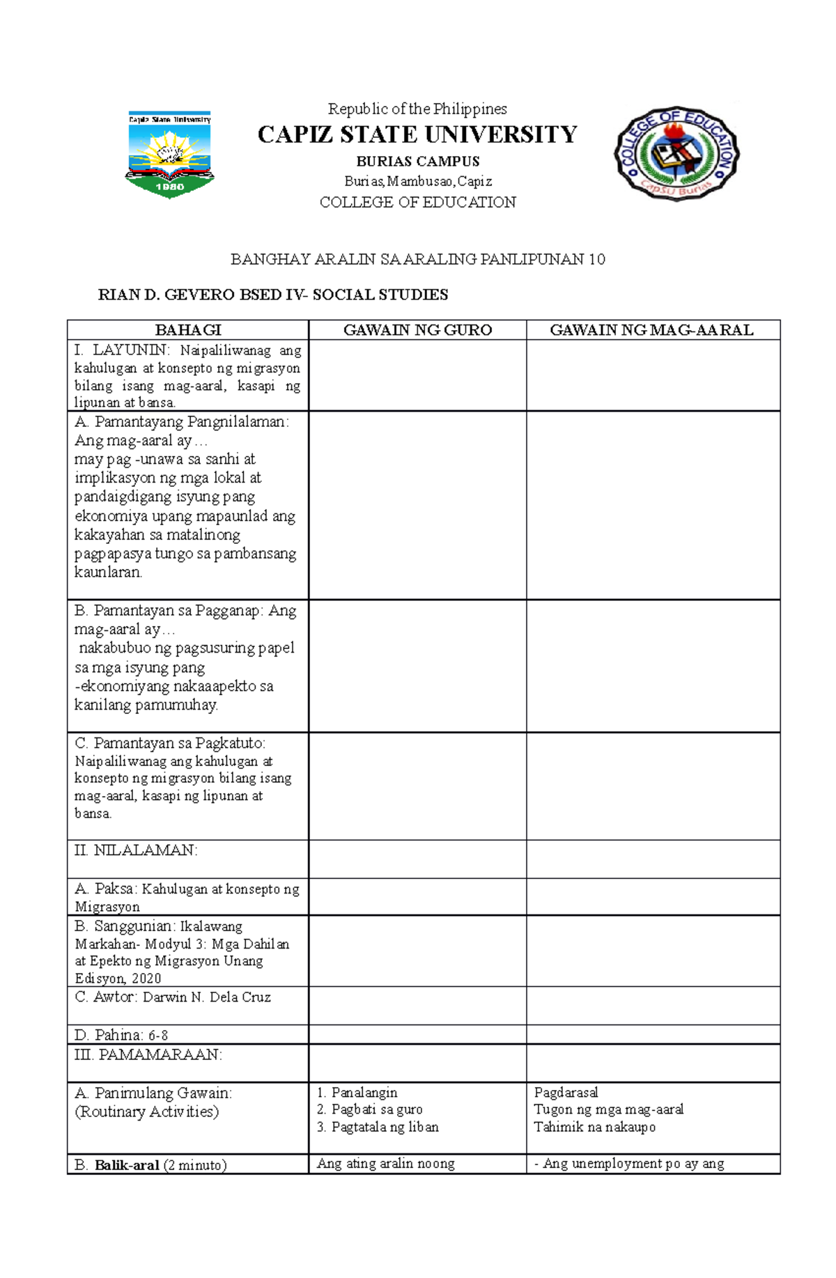 NEW Lesson PLAN Format - Teaching Internship - Republic of the Philippines CAPIZ STATE ...