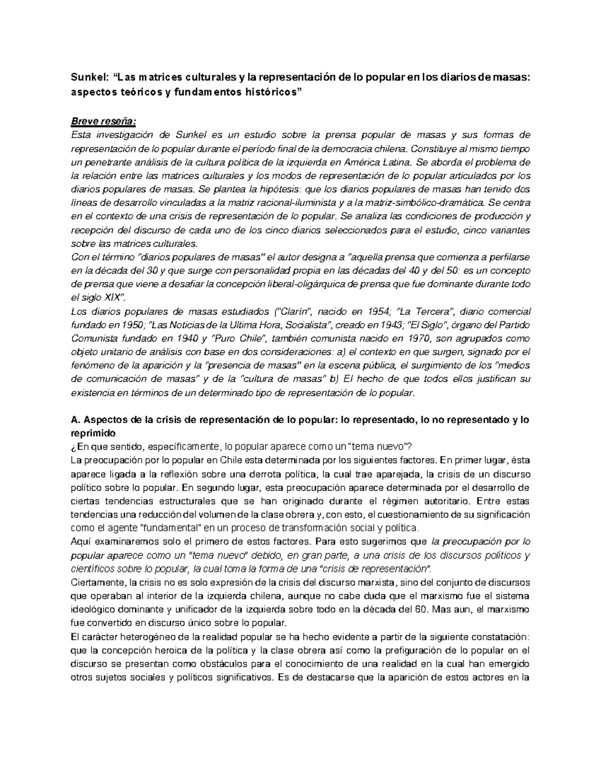 Sunkel Resumen - Sunkel: “Las matrices culturales y la representación ...