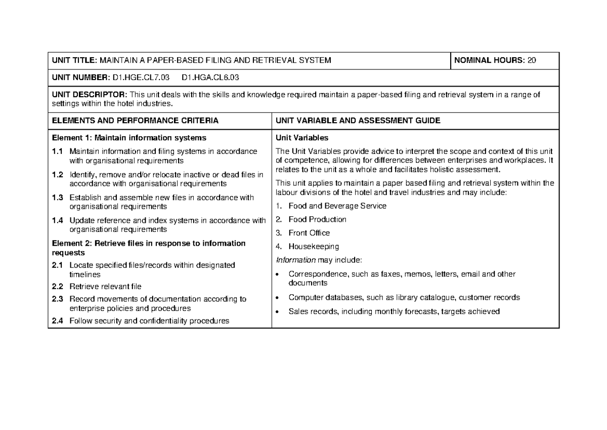 CS Maintain a paper-based filing and retrieval system - UNIT TITLE ...