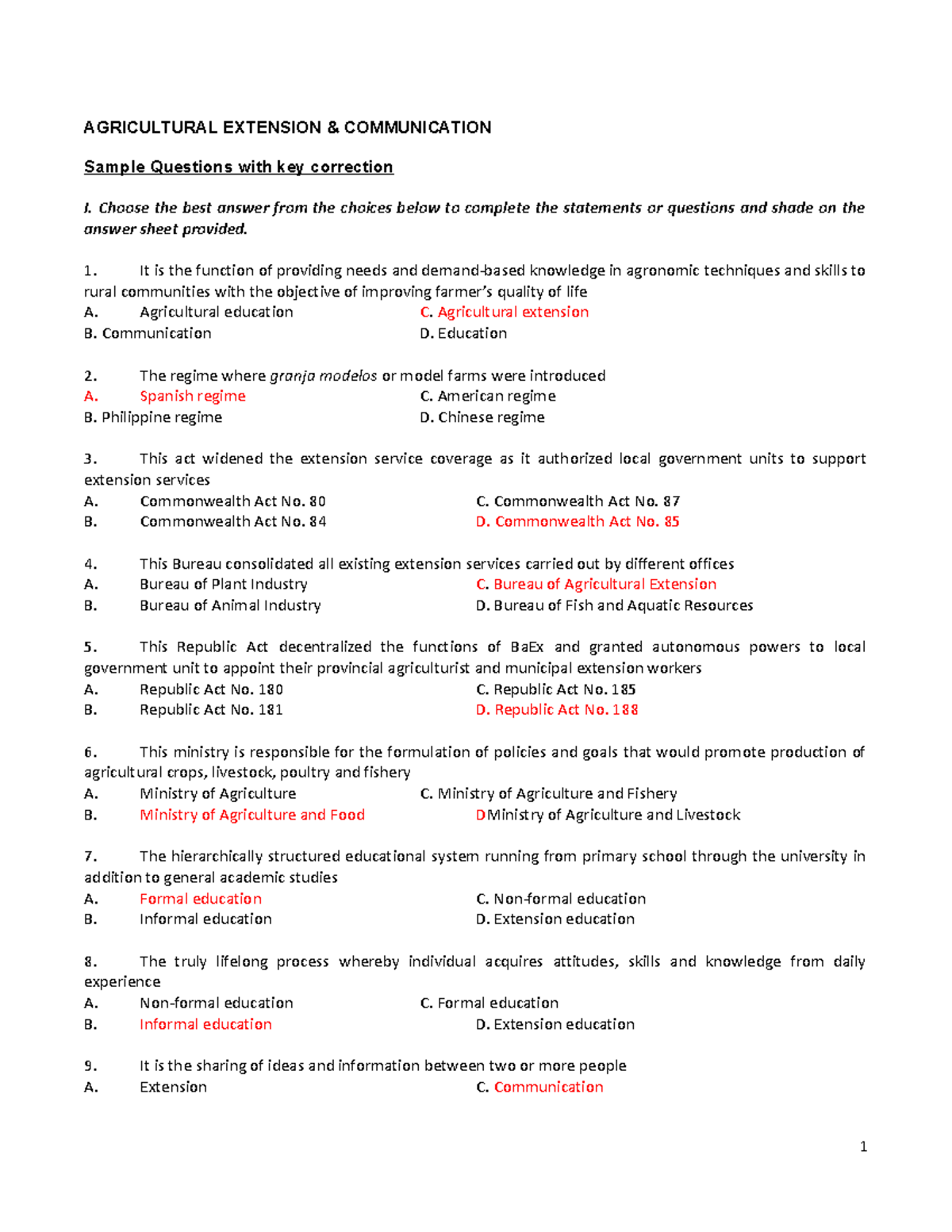 AGRICULTURAL EXTENSION AND COMMUNICATION PRACTICE EXAM - AGRICULTURAL ...