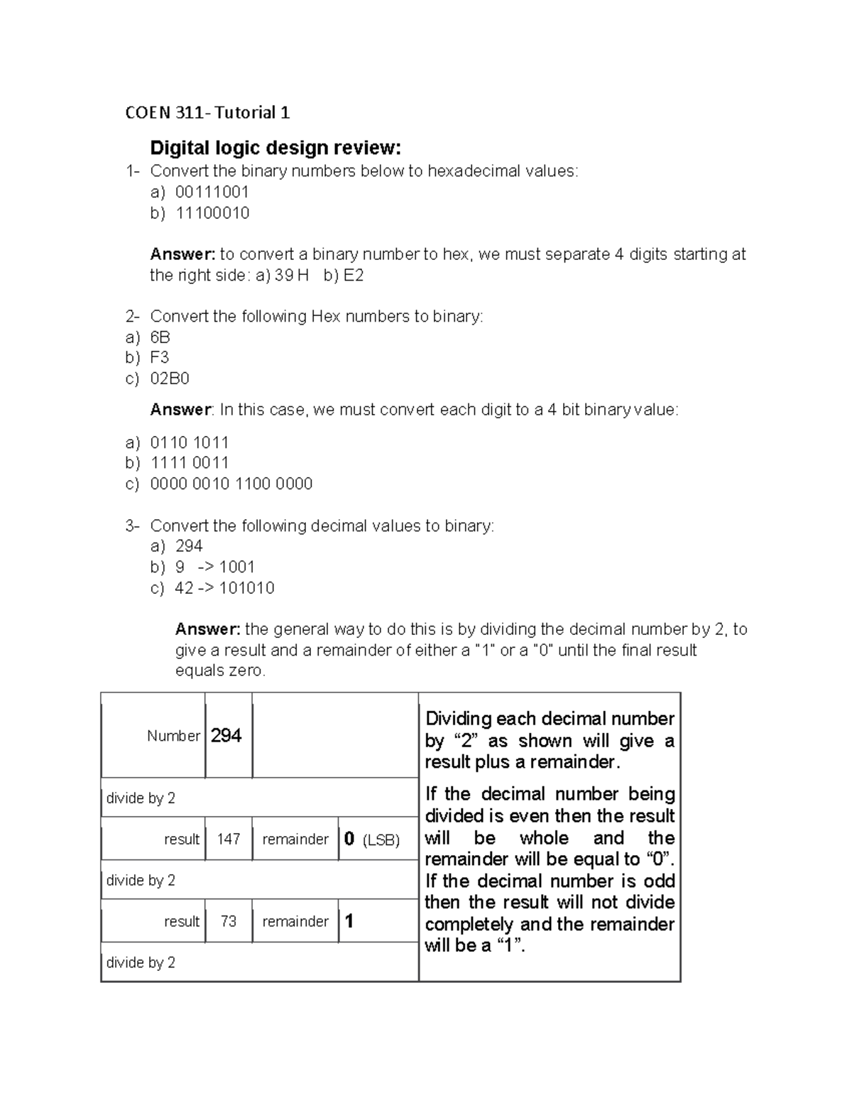 Coen 311 - tutorial 1 - COEN 311- Tutorial 1 Digital logic design review: 1- Convert the binary ...