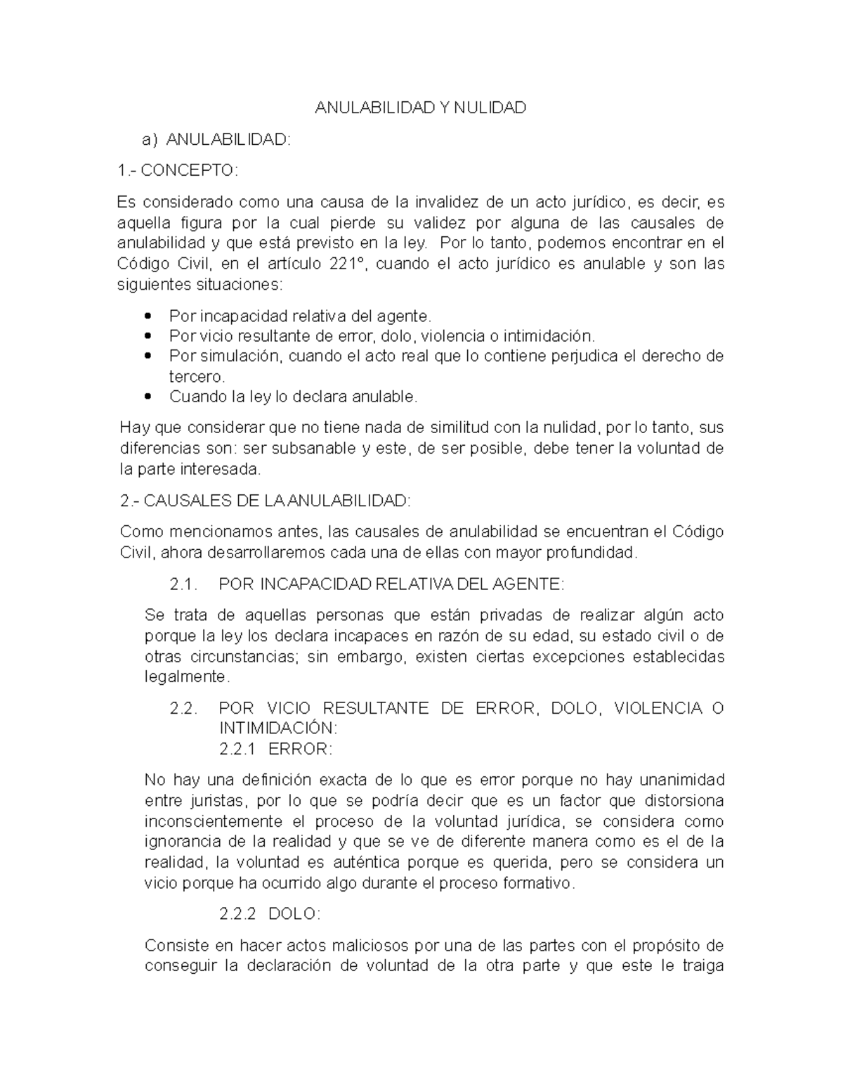 Anulabilidad Y Nulidad DEL ACTO JURIDICO - ANULABILIDAD Y NULIDAD a) ANULABILIDAD: 1.- CONCEPTO ...