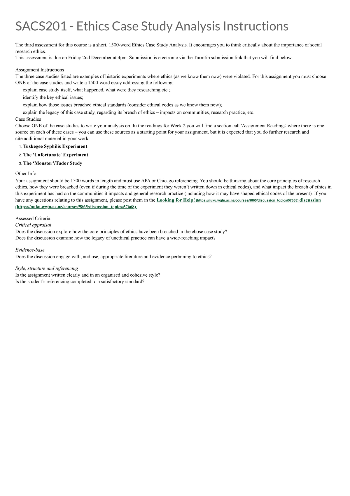 Instructions - SACS201 - Ethics Case Study Analysis Instructions The third assessment for this ...