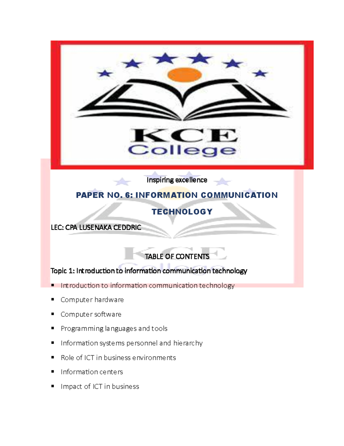 CPA FULL Notes ICT( KCE College) - Inspiring excellence PAPER NO. 6 ...
