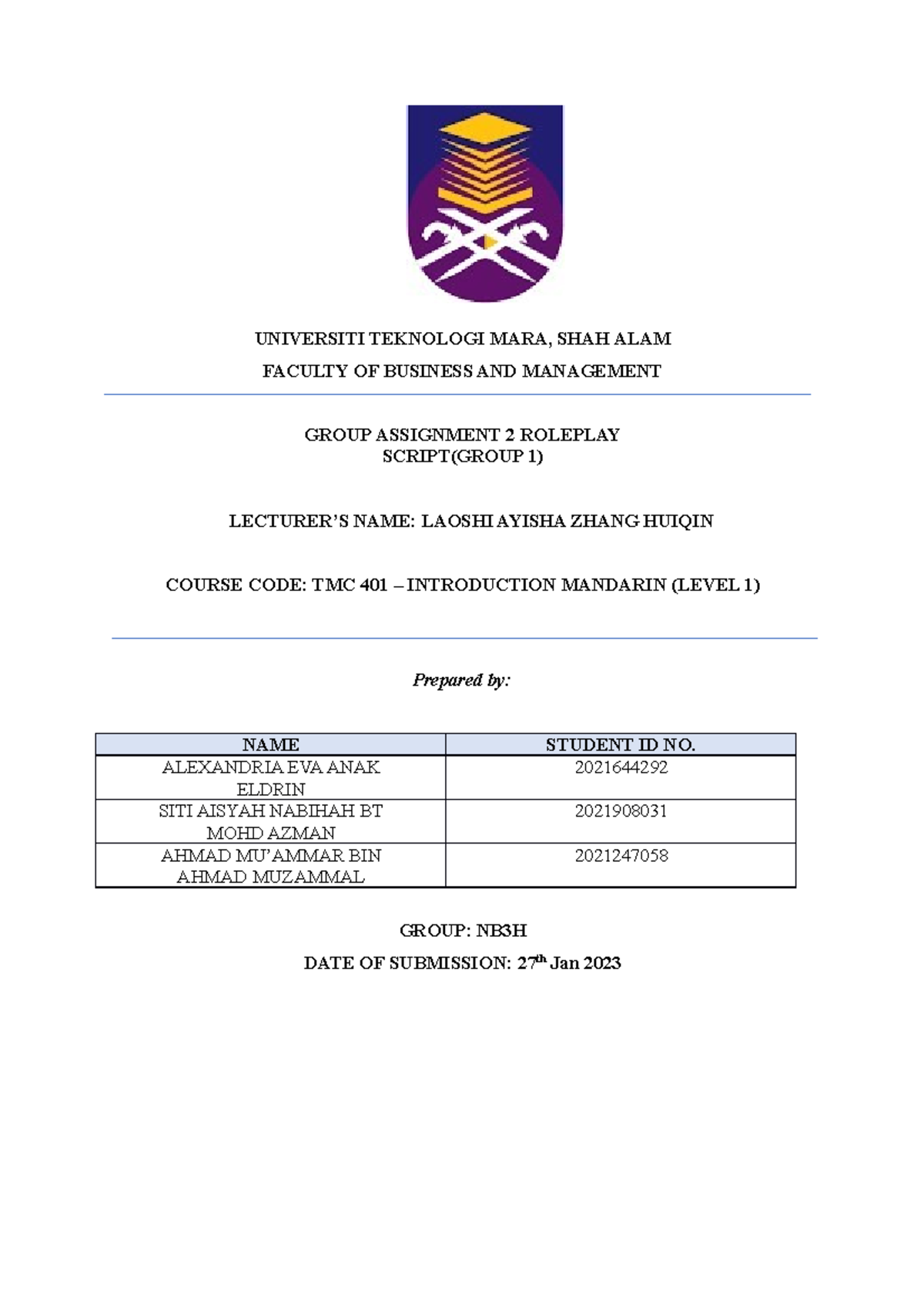 Roleplay Script - rehrthrthbdr - UNIVERSITI TEKNOLOGI MARA, SHAH ALAM ...