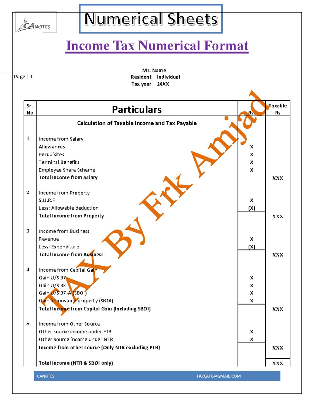Summary Sheet Numerical-1 - CANOTES TAXCAF6@GMAIL Page | 1 Income Tax ...