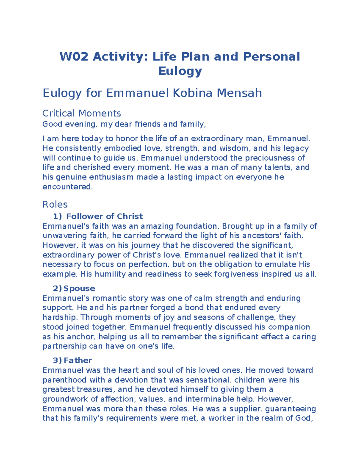 Bus321 W02 eulogy template Bernard Yankey - W02 Activity: Life Plan and Personal Eulogy Eulogy ...