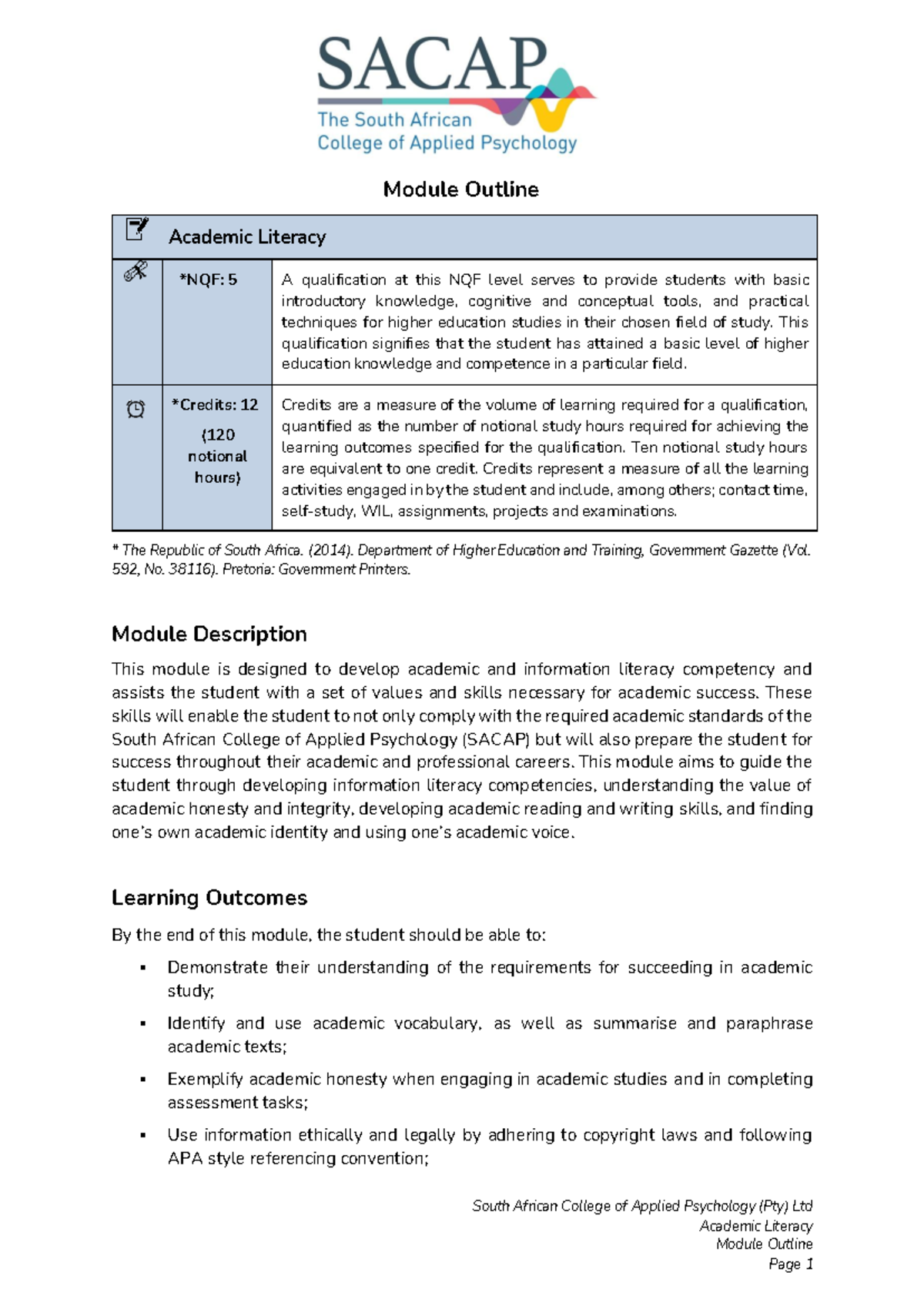 Module Outline - Academic Literacy - South African College of Applied ...