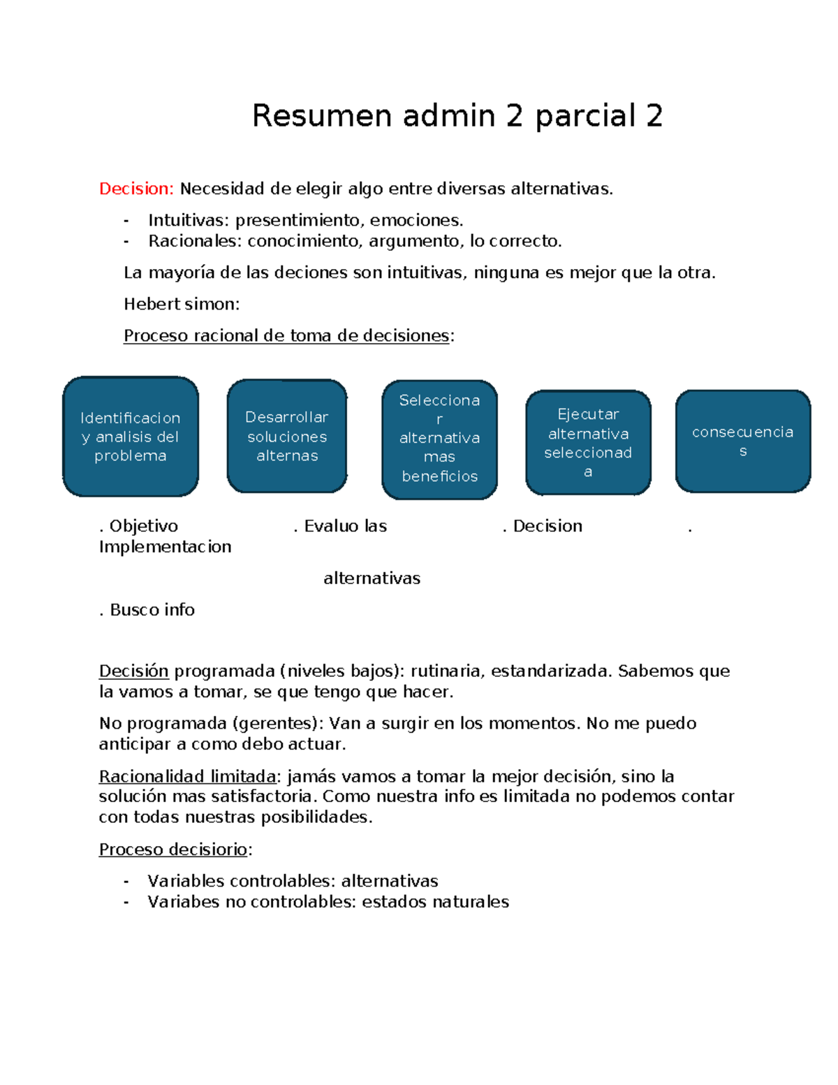 Resumen 2 admin 2 - menor a 40 hojas - Resumen admin 2 parcial 2 Decision: Necesidad de elegir ...