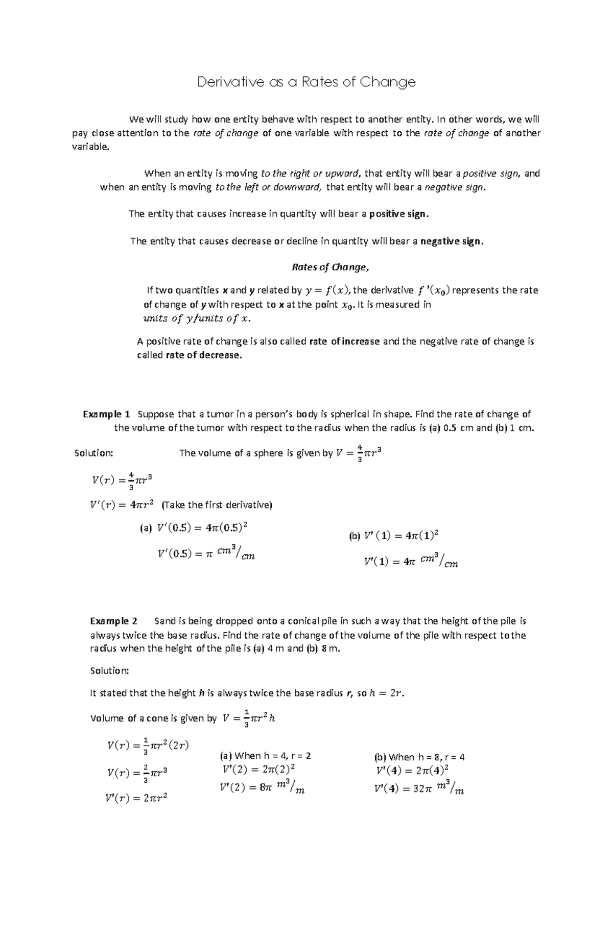Lecture on Derivatives Part 2 - Derivative as a Rates of Change We will ...