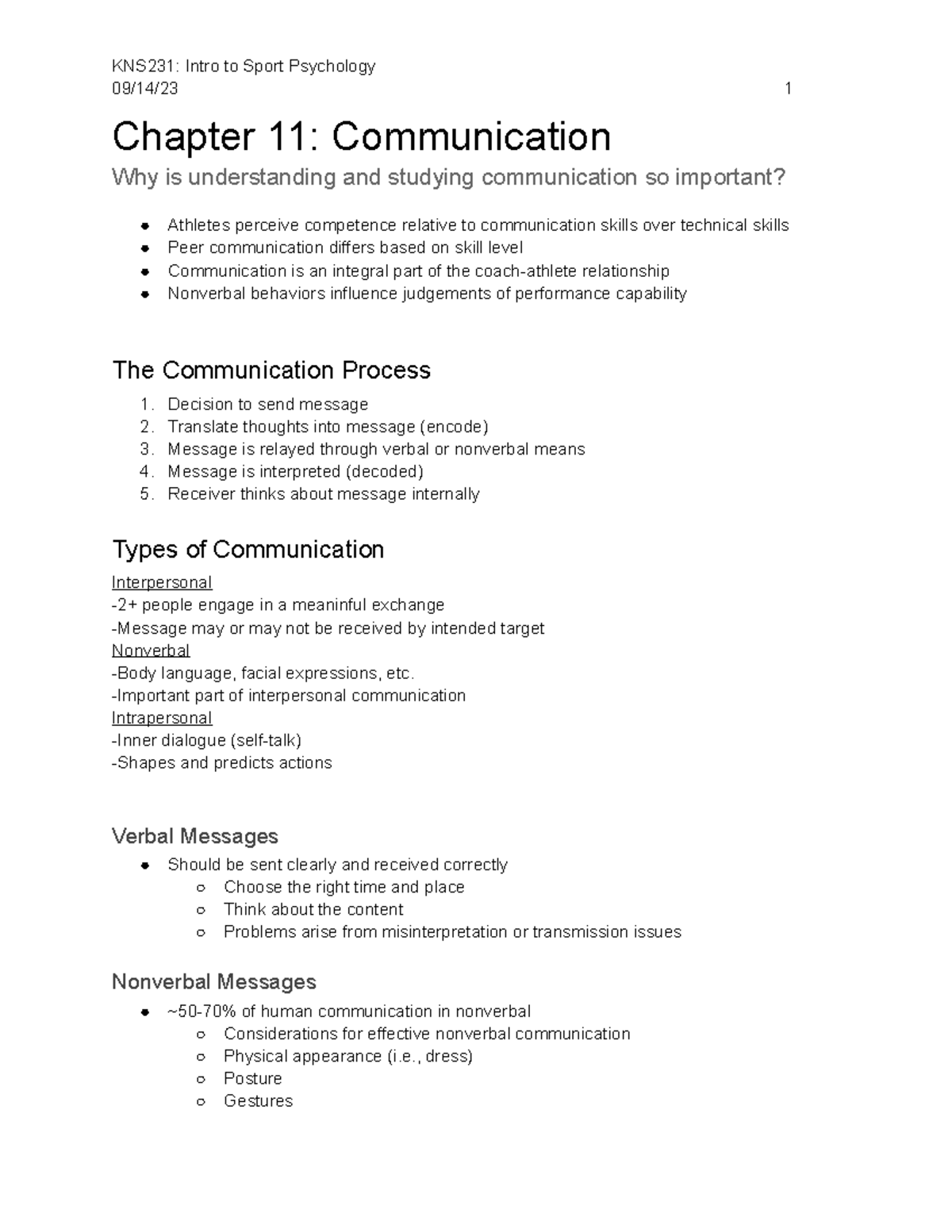 KNS231 091423 - Notes - 09/14/23 1 Chapter 11: Communication Why is ...