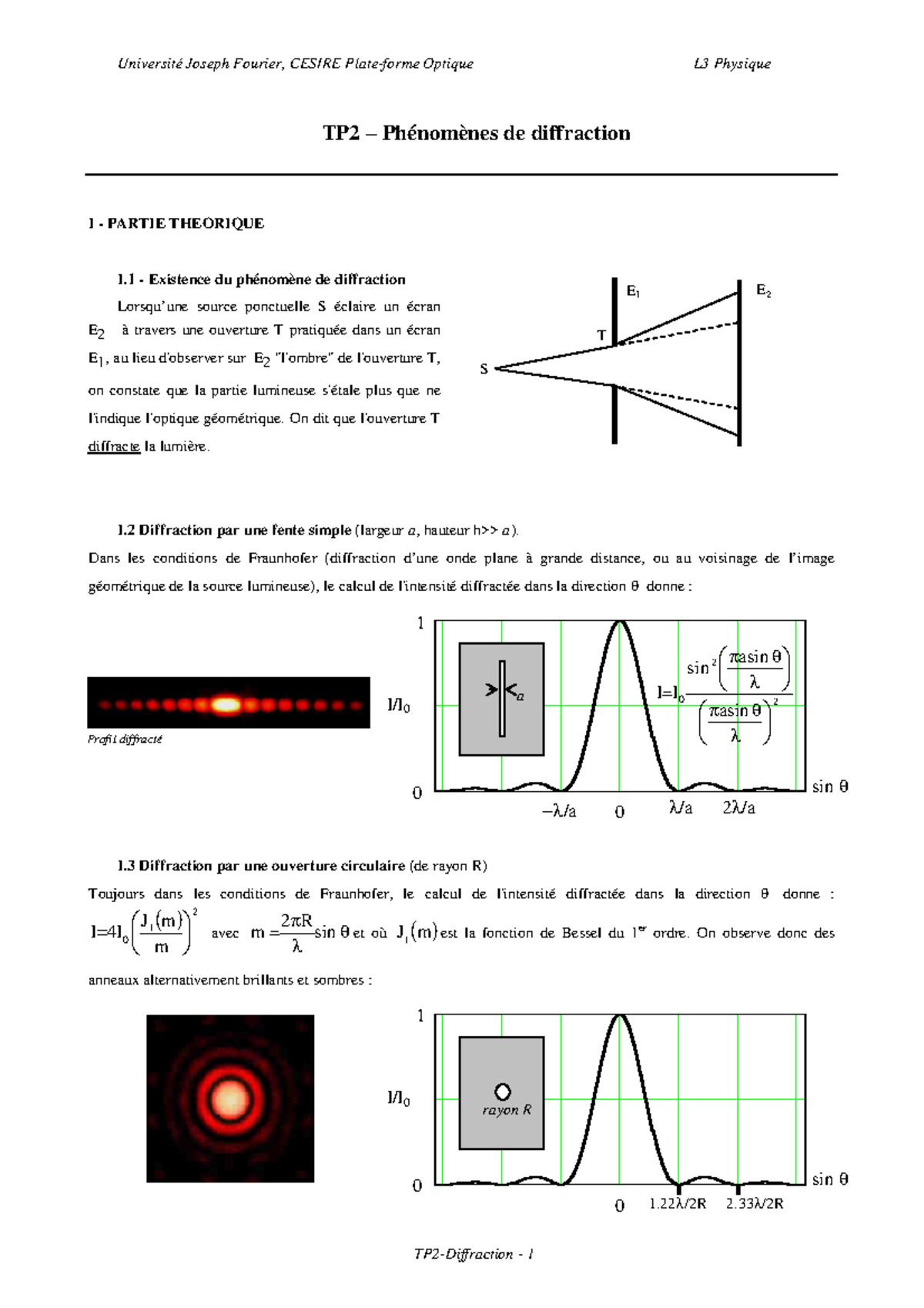2-diffraction - Physics - TP2 – Phénomènes de diffraction I - PARTIE THEORIQUE I - Existence du ...
