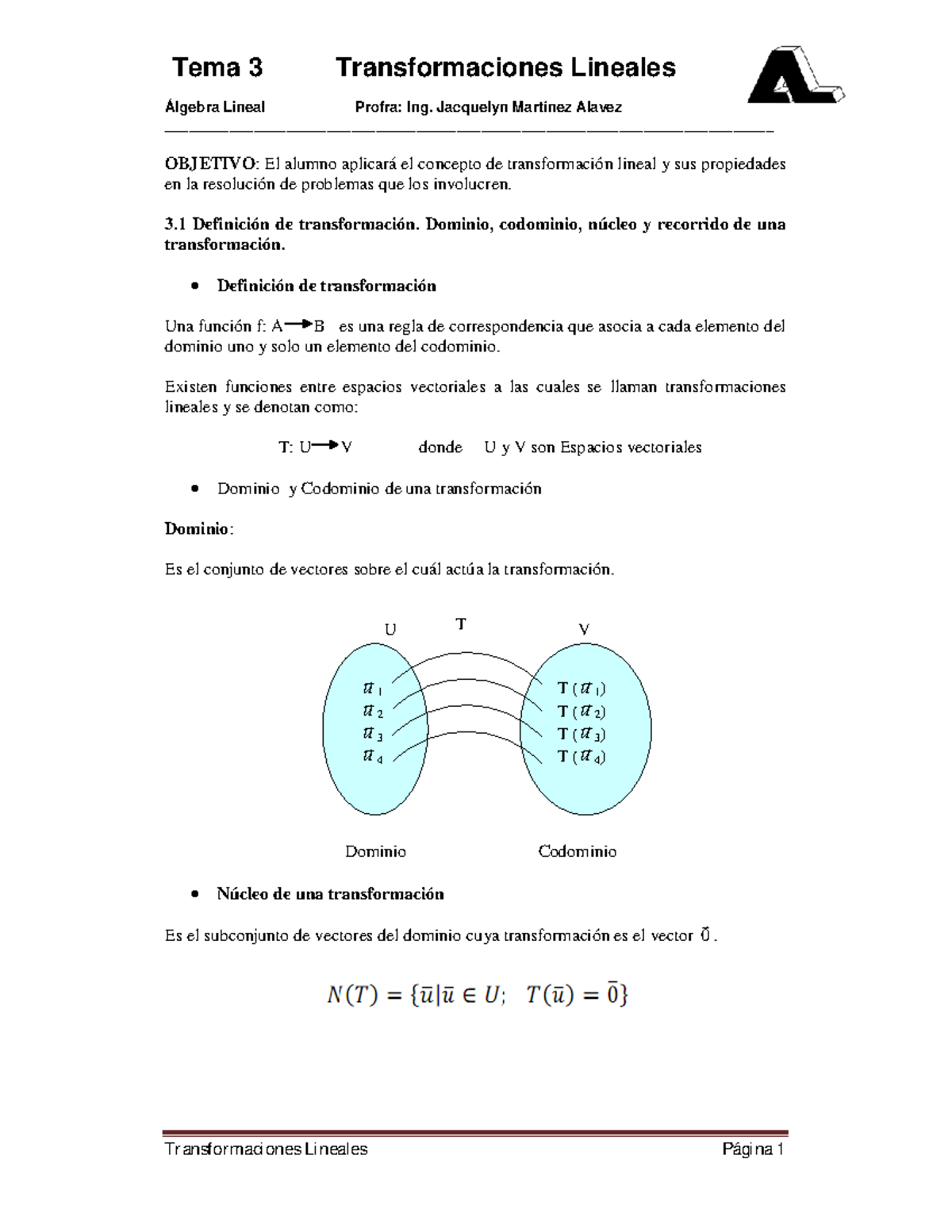 Apuntes Transformaciones Lineales - Tema 3 Transformaciones Lineales ...