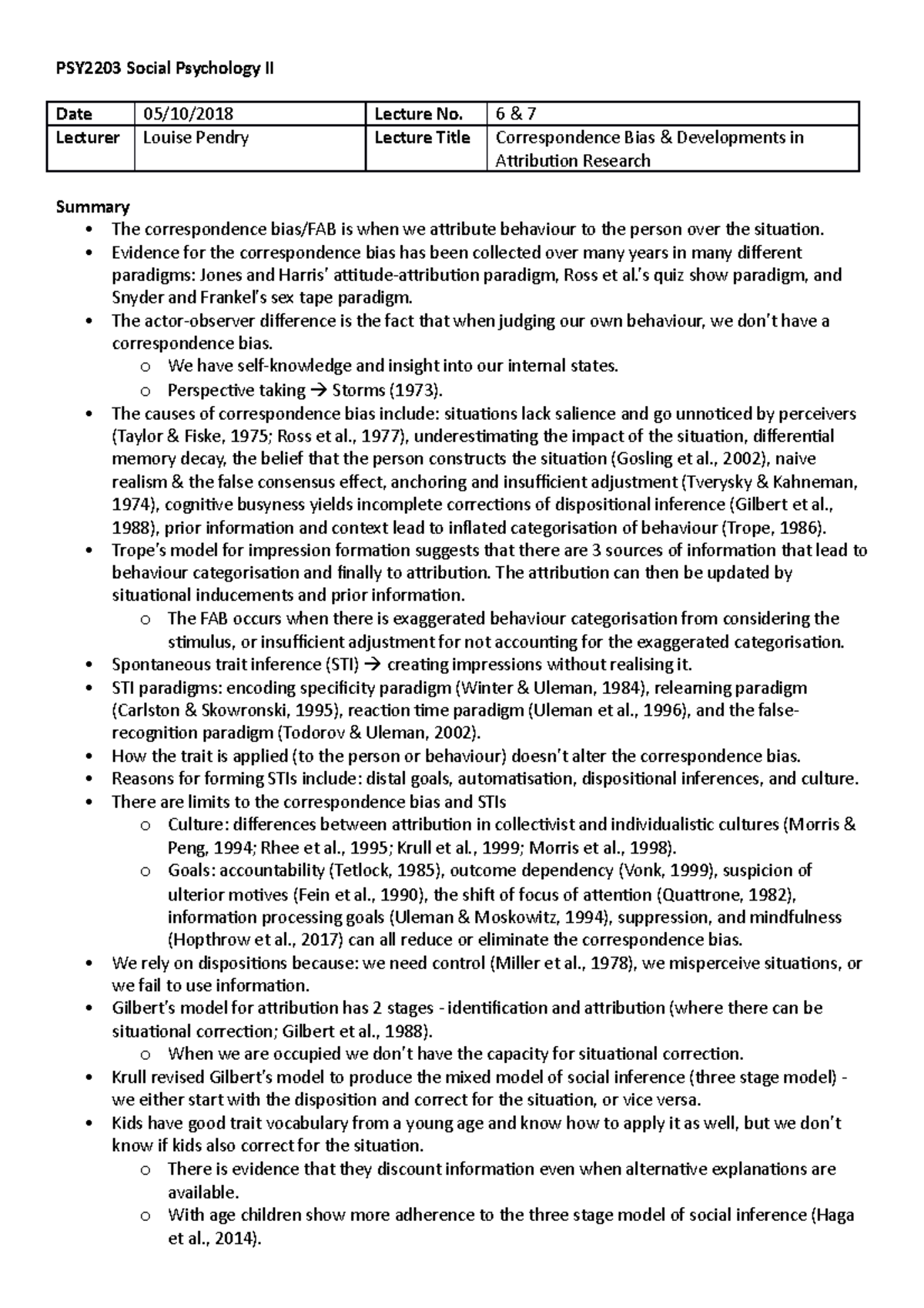 Correspondence bias and development - PSY2203 Social Psychology II Date ...