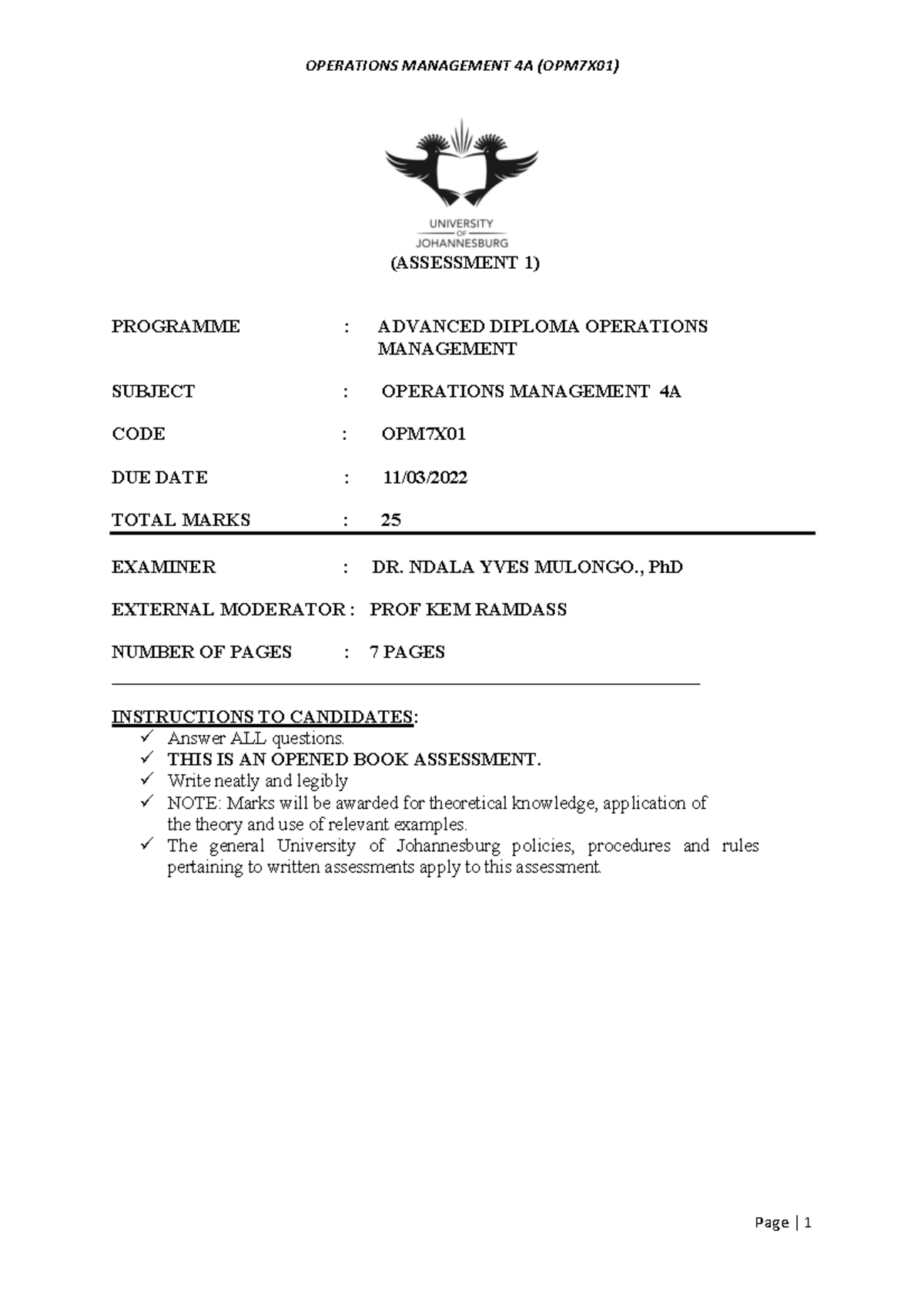 Assessment 1 OPM7X01 2022 - (ASSESSMENT 1) PROGRAMME : ADVANCED DIPLOMA ...