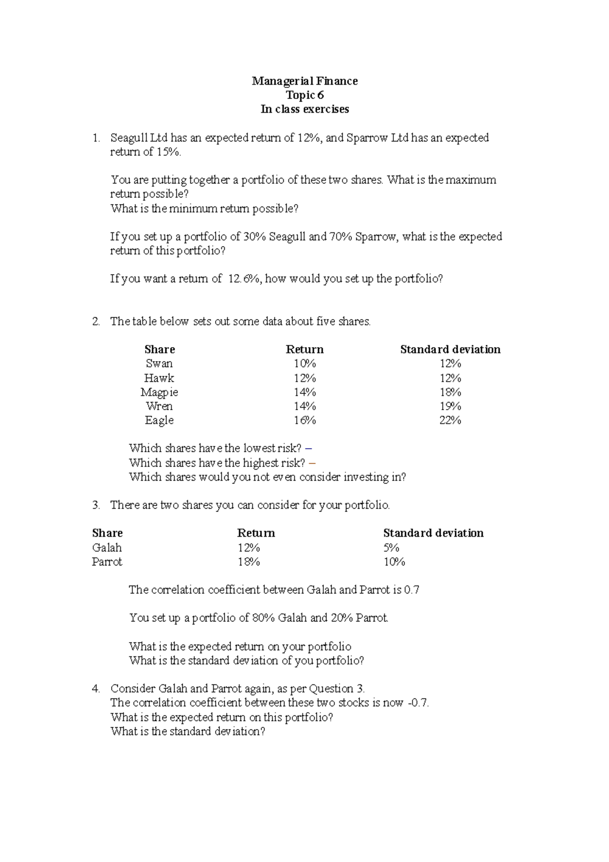 Topic 6 in class exercises - Managerial Finance Topic 6 In class ...
