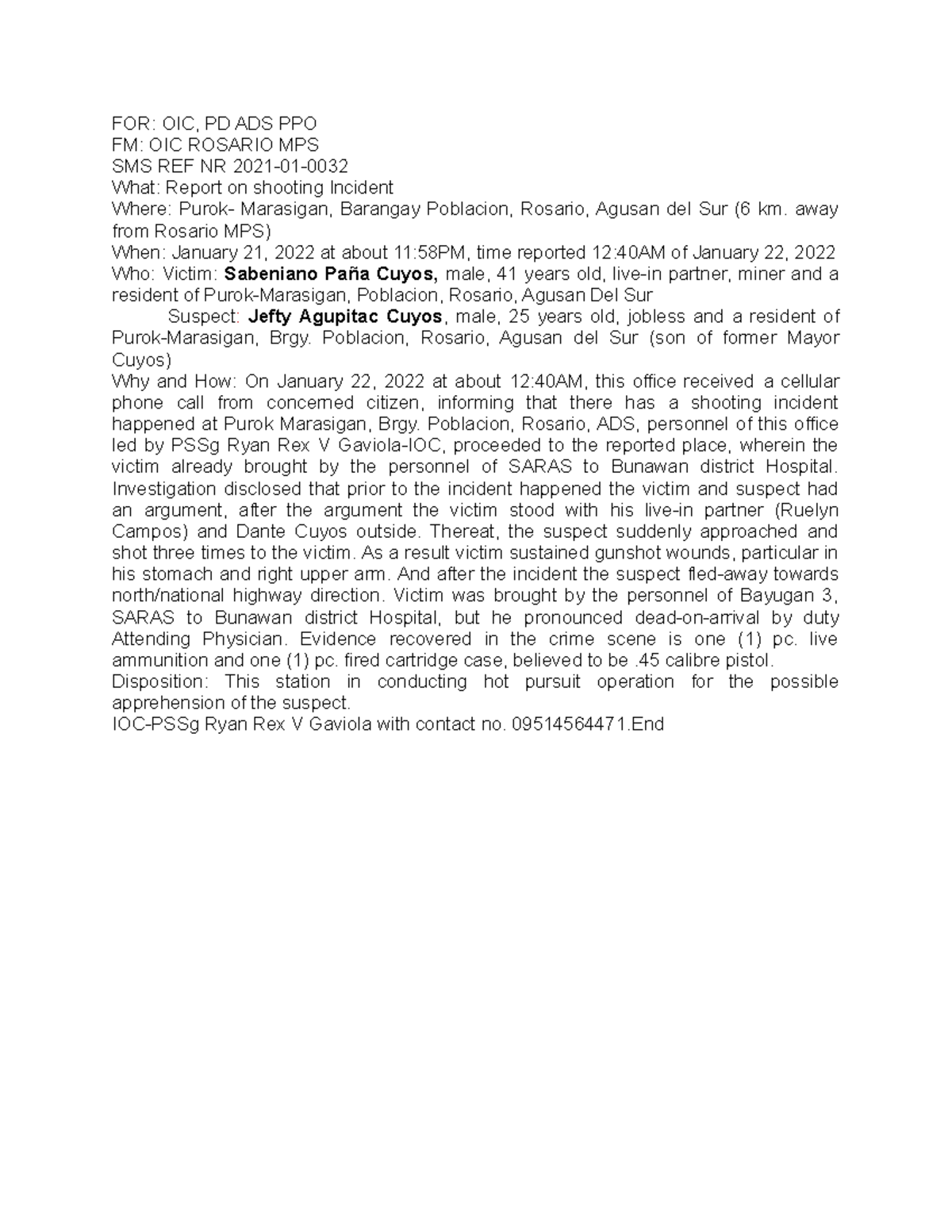 SMS - ato a ra - FOR: OIC, PD ADS PPO FM: OIC ROSARIO MPS SMS REF NR ...