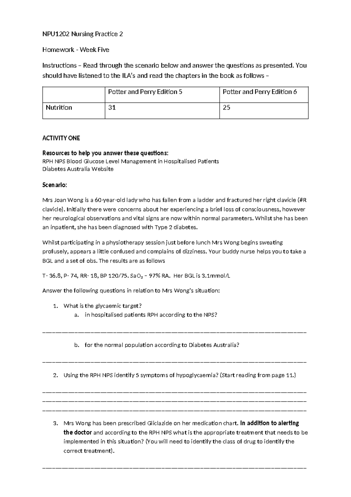 Homework week 5-1 - worksheet - NPU1202 Nursing Practice 2 Homework ...