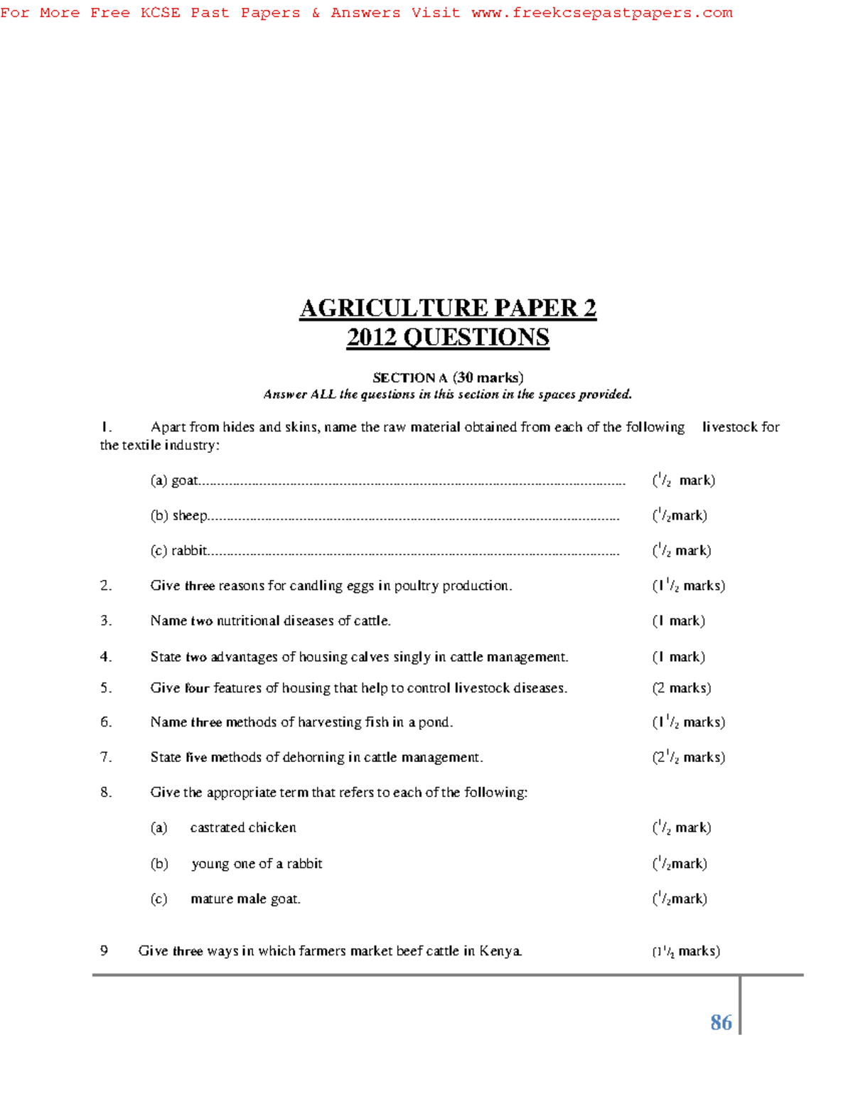 KCSE 2012 Agriculture P2 - AGRICULTURE PAPER 2 2012 QUESTIONS SECTION A ...