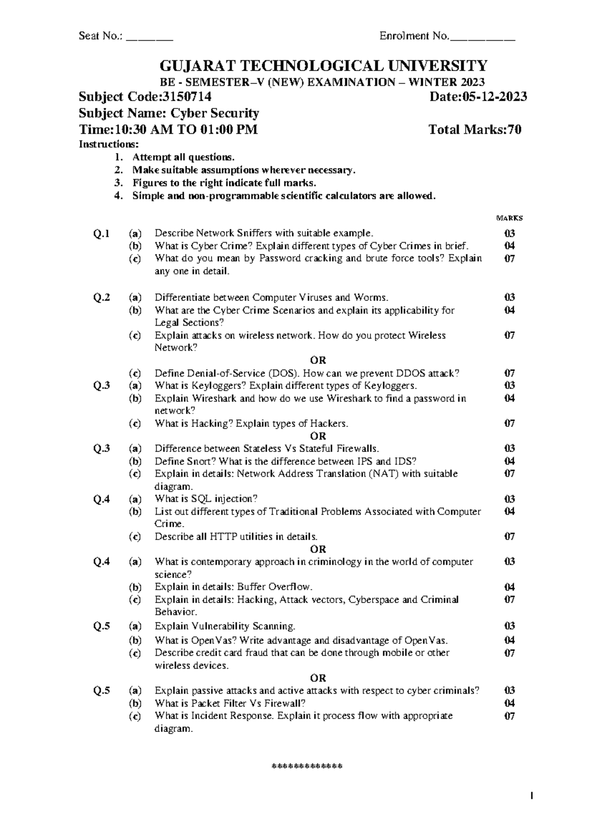 GTU Computer 3150714 Winter 2023 - 1 Seat No.: ________ Enrolment No ...