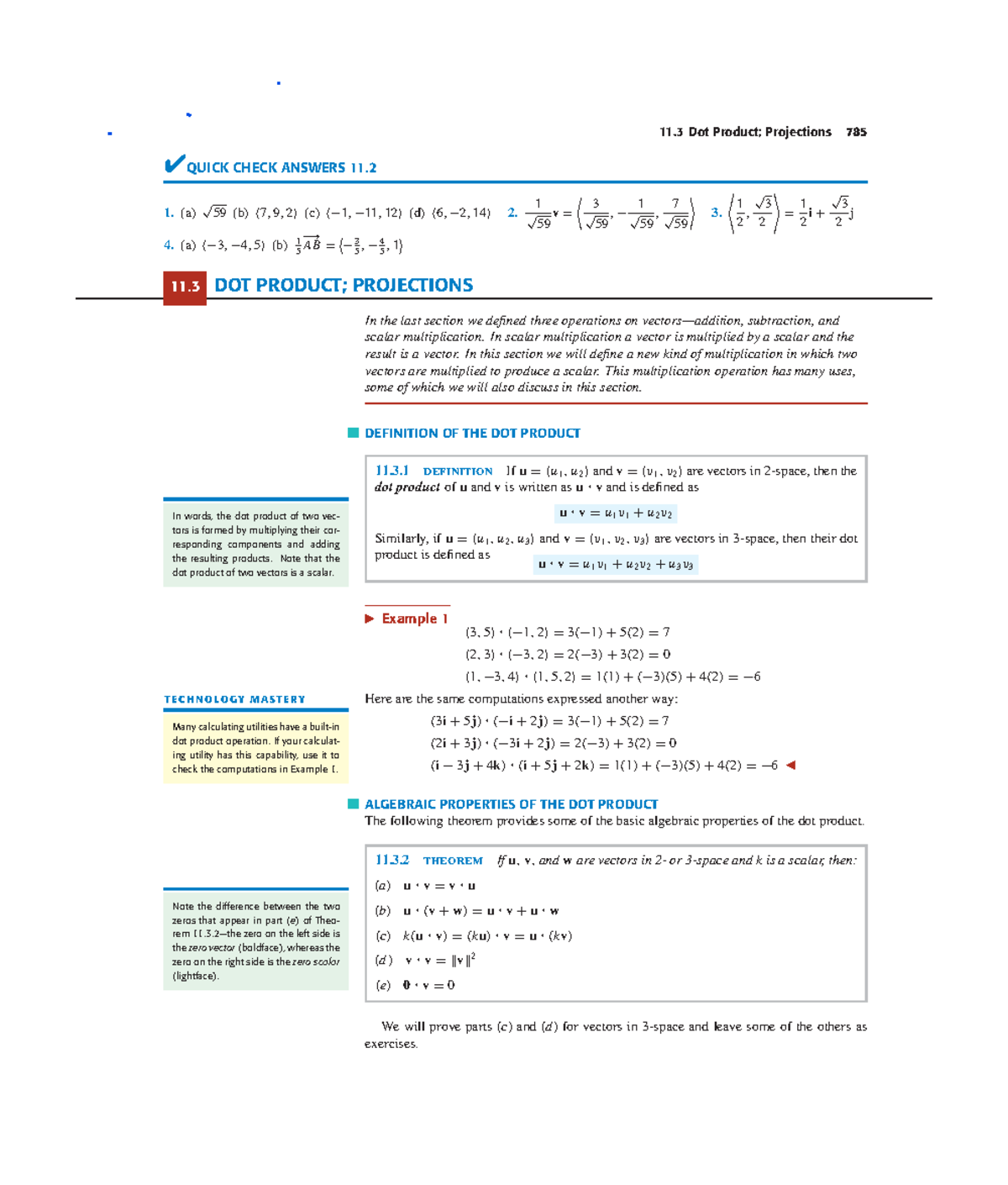 Math work ch11-3 - Math work - 11 Dot Product; Projections 785 QUICK CHECK ANSWERS 11. 1. (a) √ ...