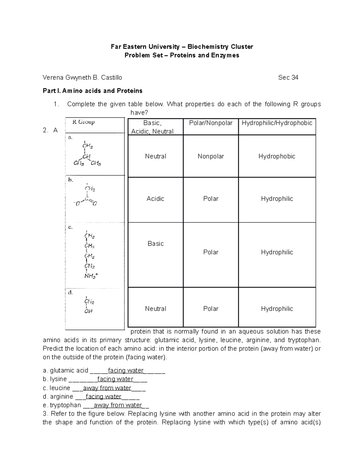 Problem Set Proteins and Enzymes - Far Eastern University ...