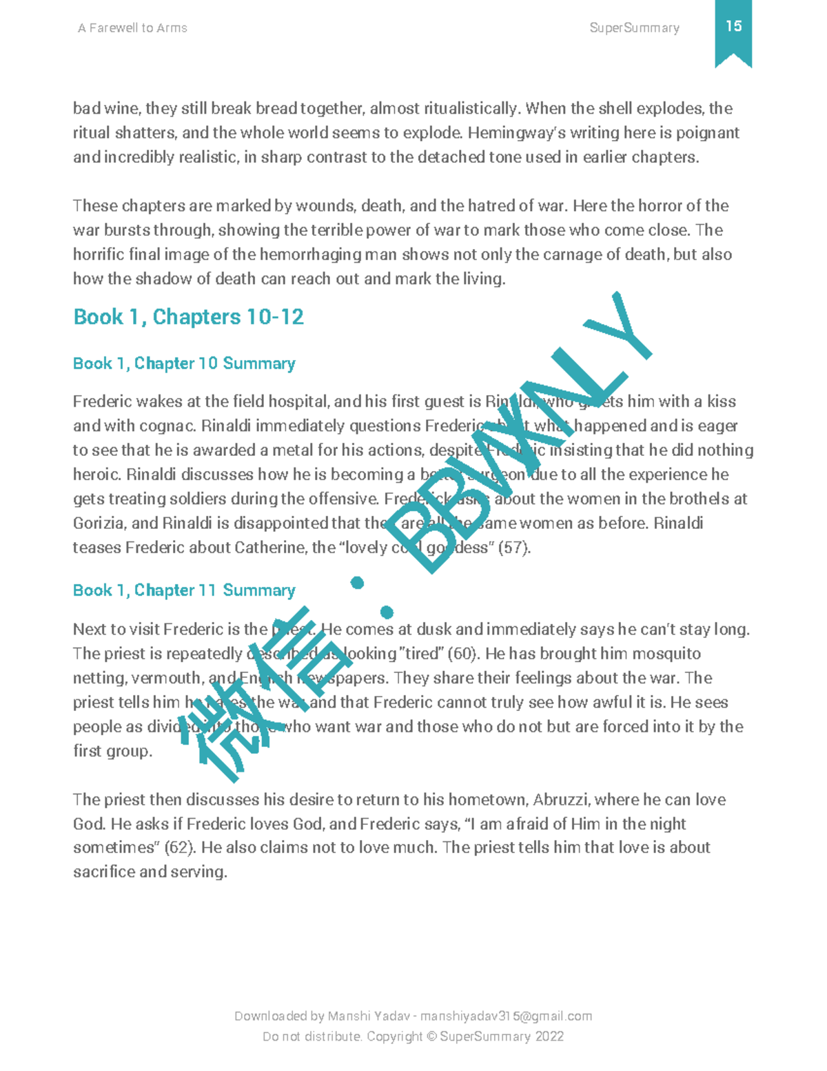 A Farewell to Arms - Super Summary Study Guide 16 - bad wine, they ...