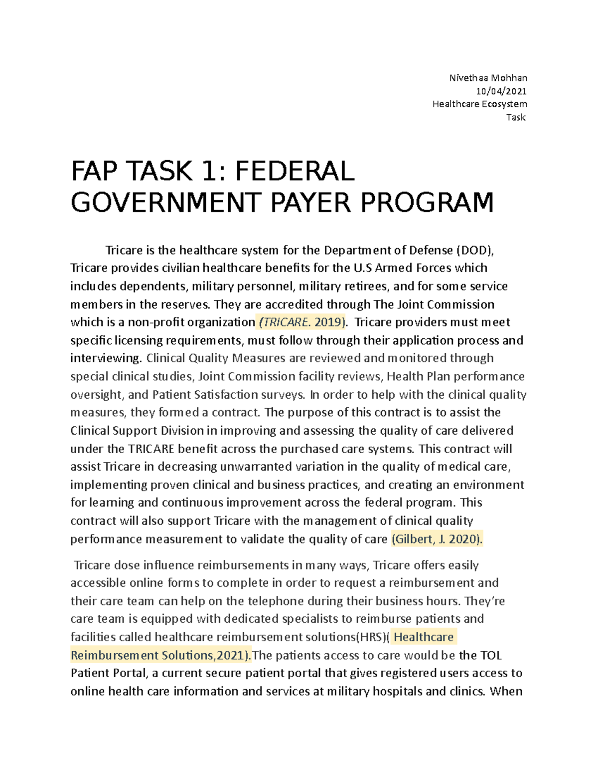 Faptask 1 Federal Government Payer Program - C799 - WGU - Studocu